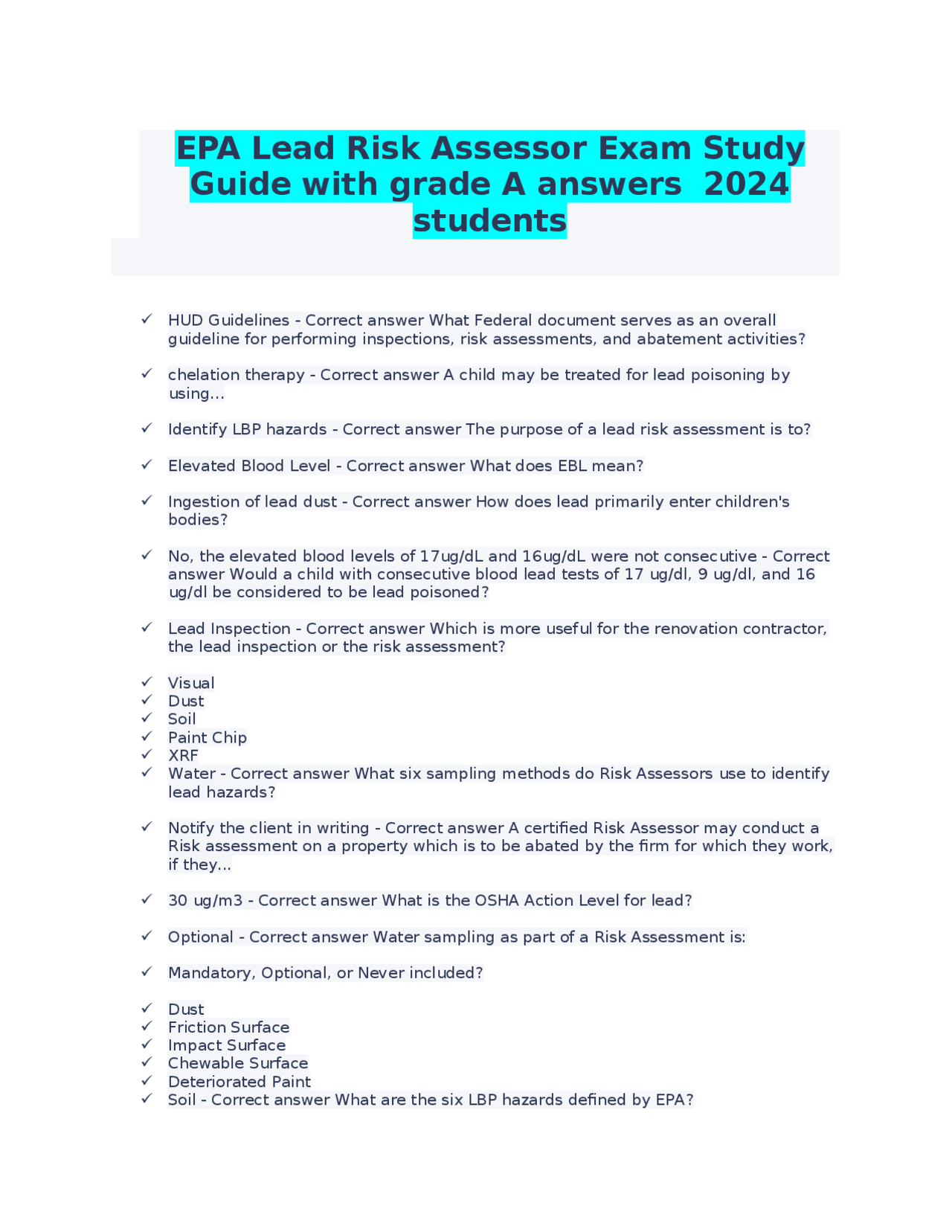 EPA Lead Risk Assessor Exam Study Guide | Exams Medicine | Docsity