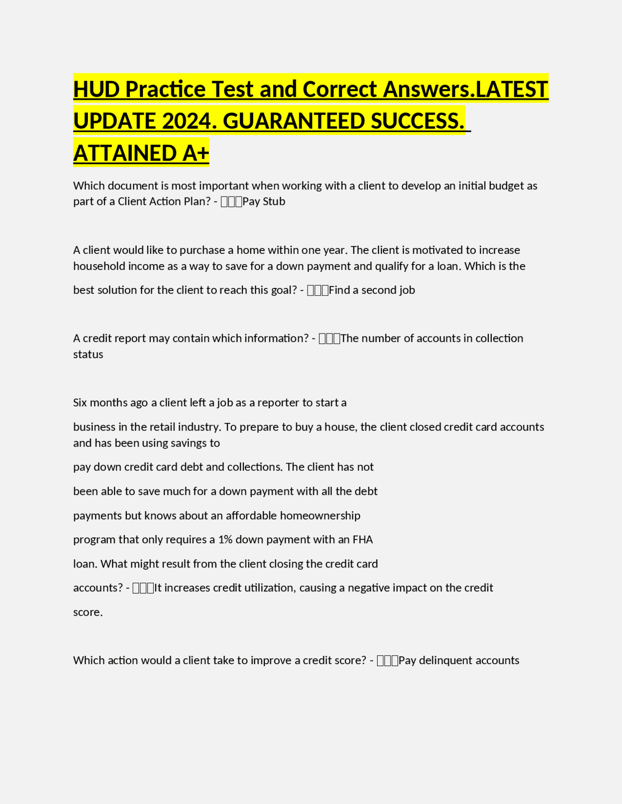 HUD Practice Test and Correct Answers | Exams Nursing | Docsity