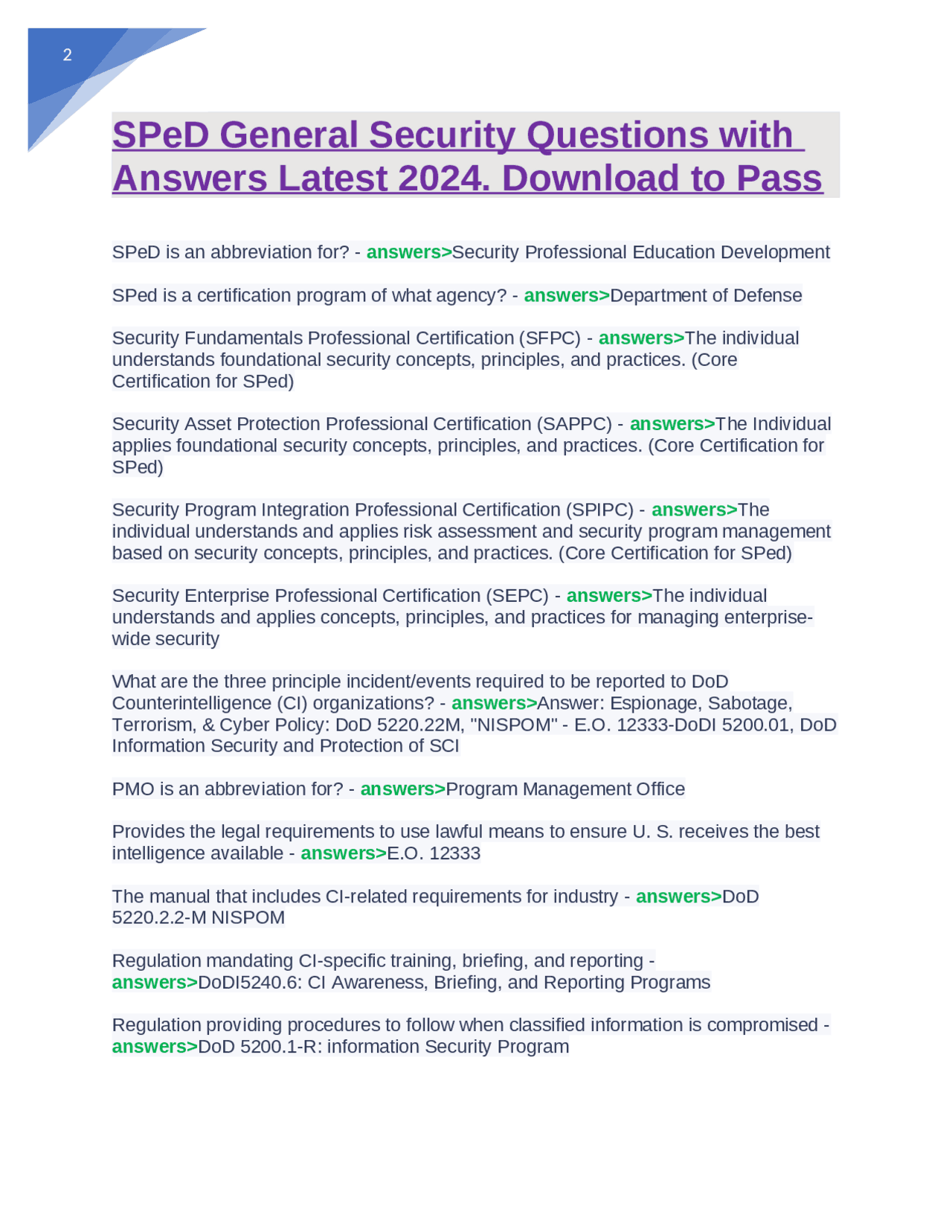 SPeD General Security Questions with Answers Latest 2024. Download to ...