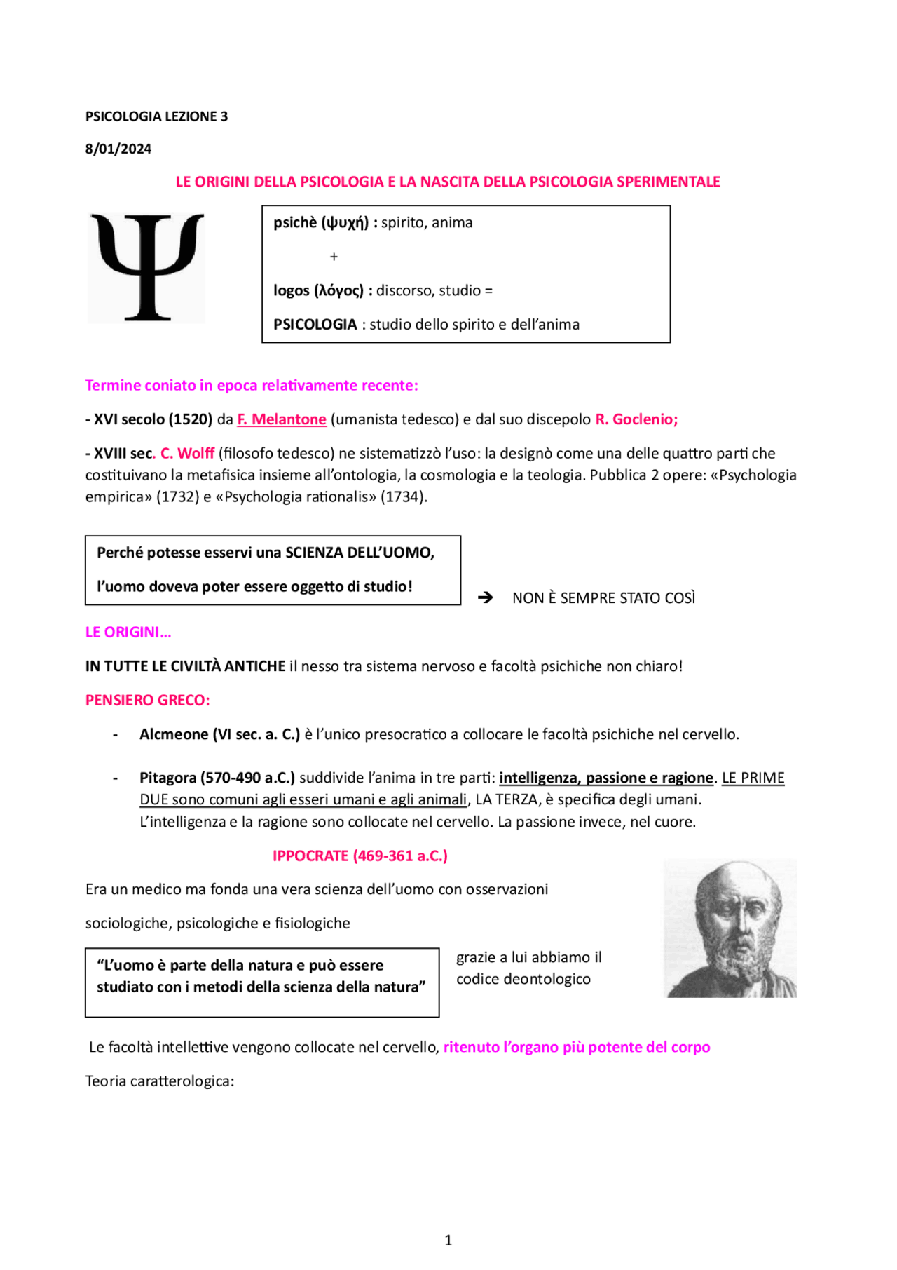 La Teoria della Psiche e del Cervello: Da Ippocrate a Darwin | Appunti di Psicologia | Docsity