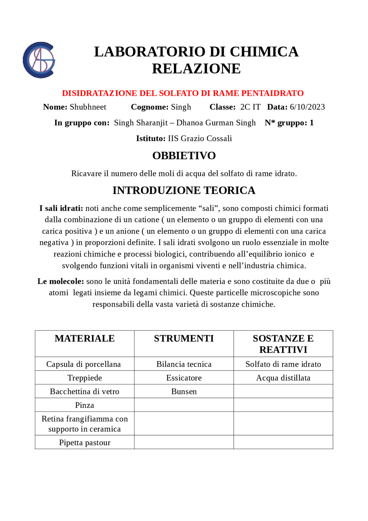 Relazione chimica laboratorio | Appunti di Chimica | Docsity