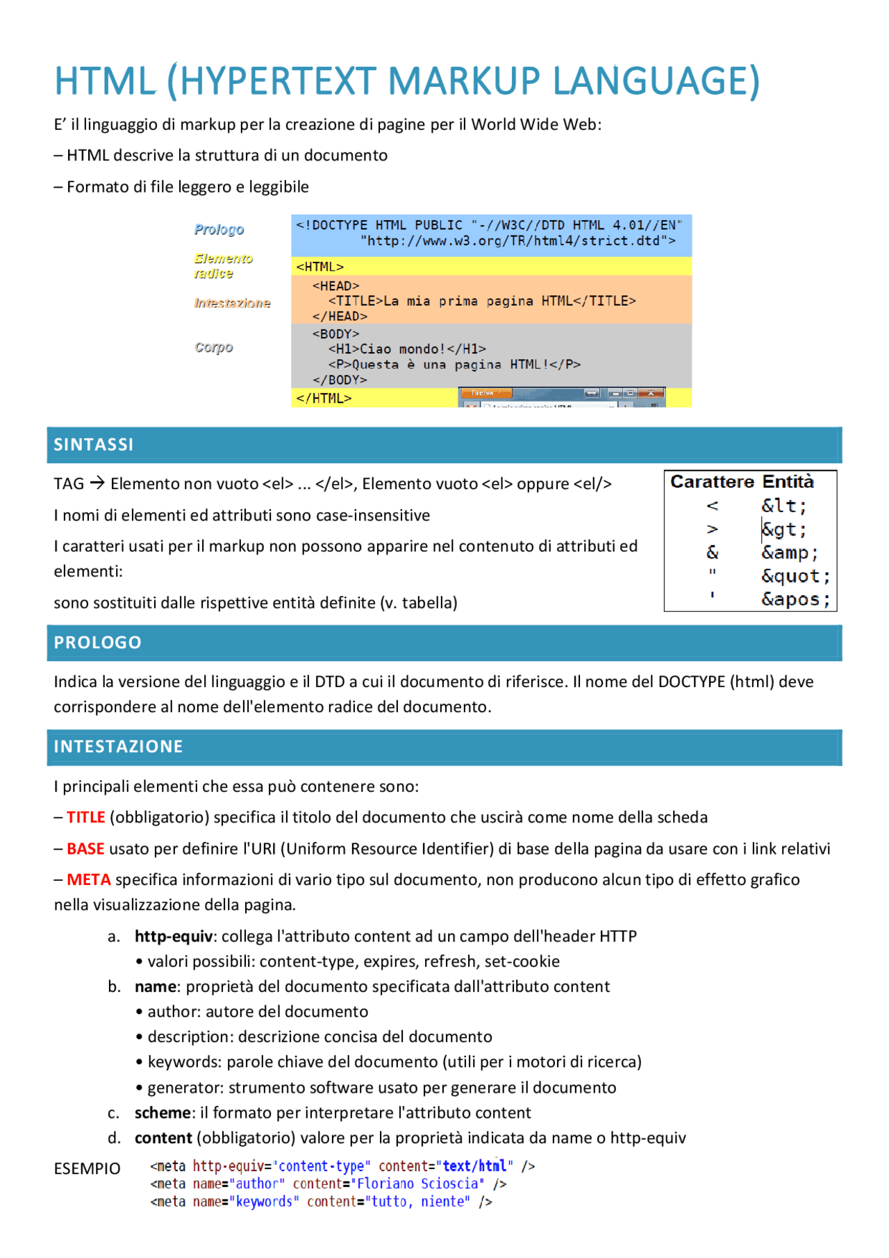 Introduzione all'HTML: struttura e sintassi - Prof. Di Sciascio | Appunti di Sistemi Informativi ...