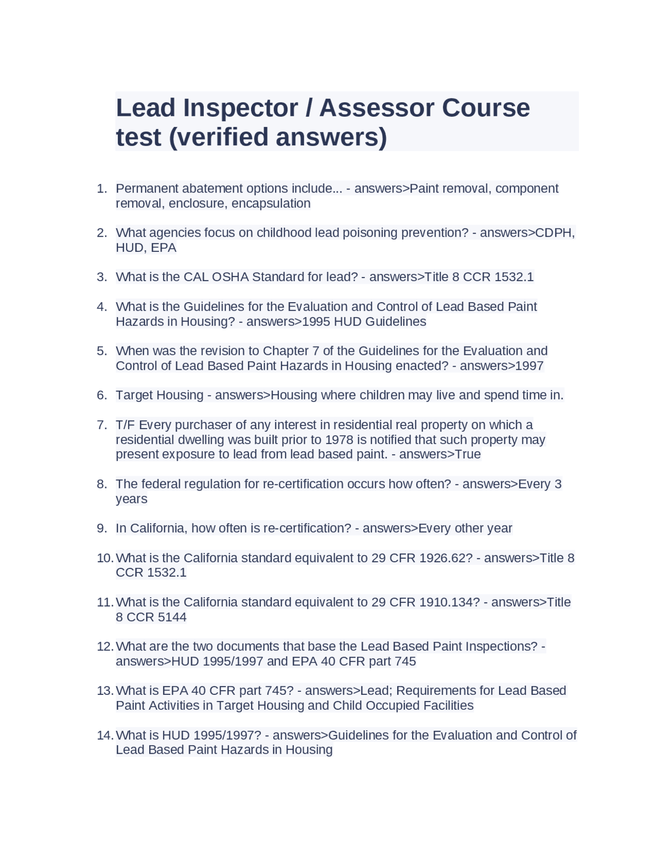 Lead Inspector / Assessor Course test (verified answers) | Exams ...