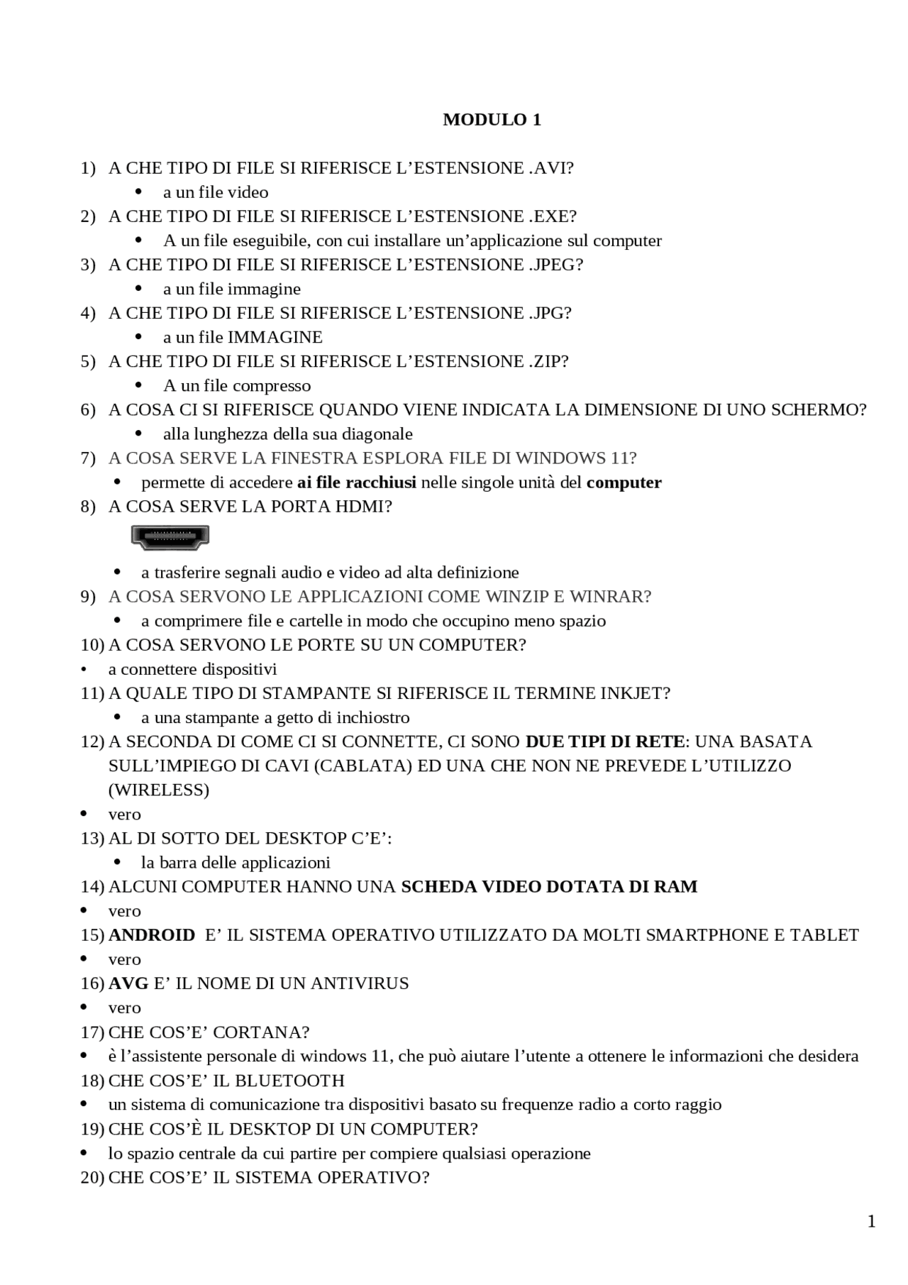 EIPASS 7 MODULI USER MODULO 1 | Panieri di Informatica Giuridica | Docsity