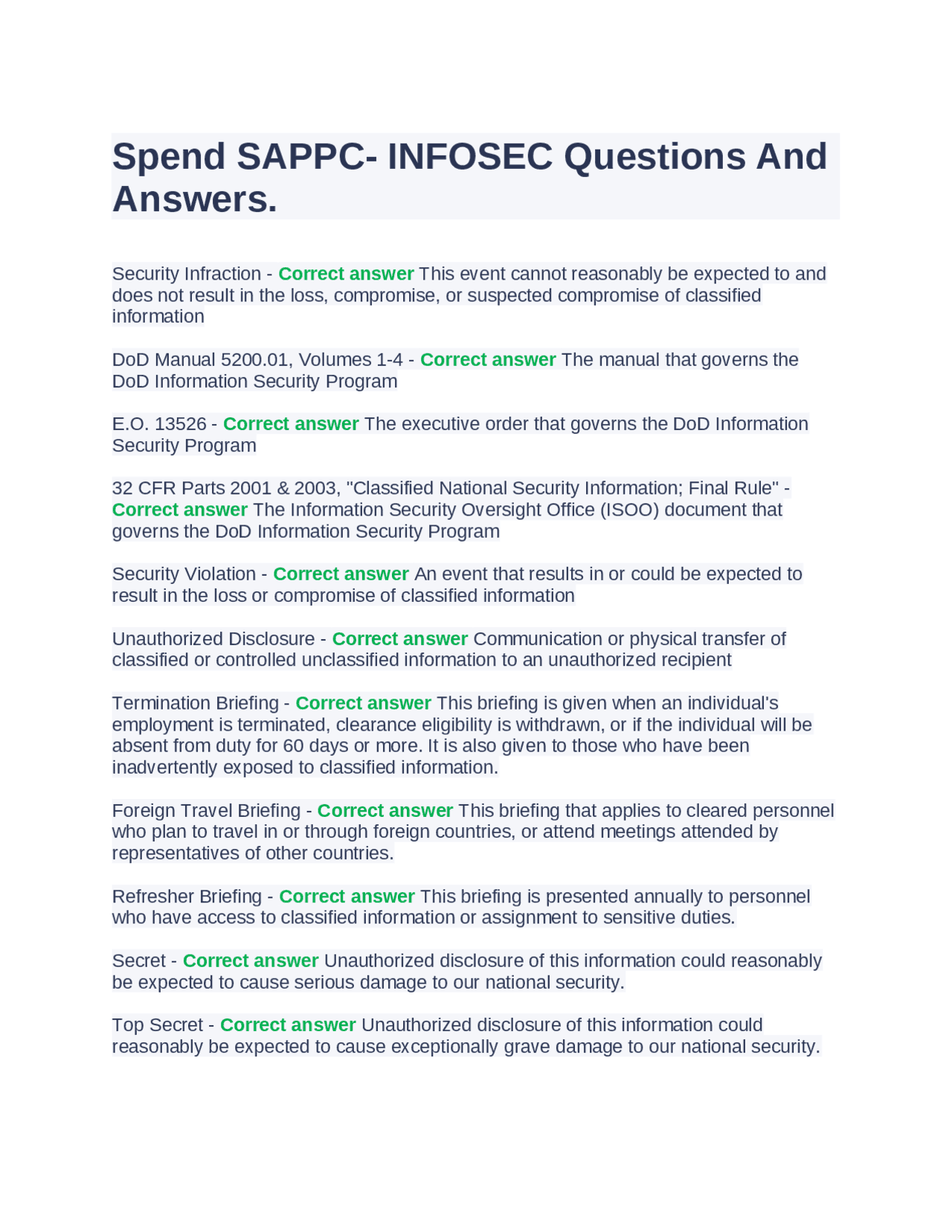 DoD Information Security Program Questions and Answers | Exams ...