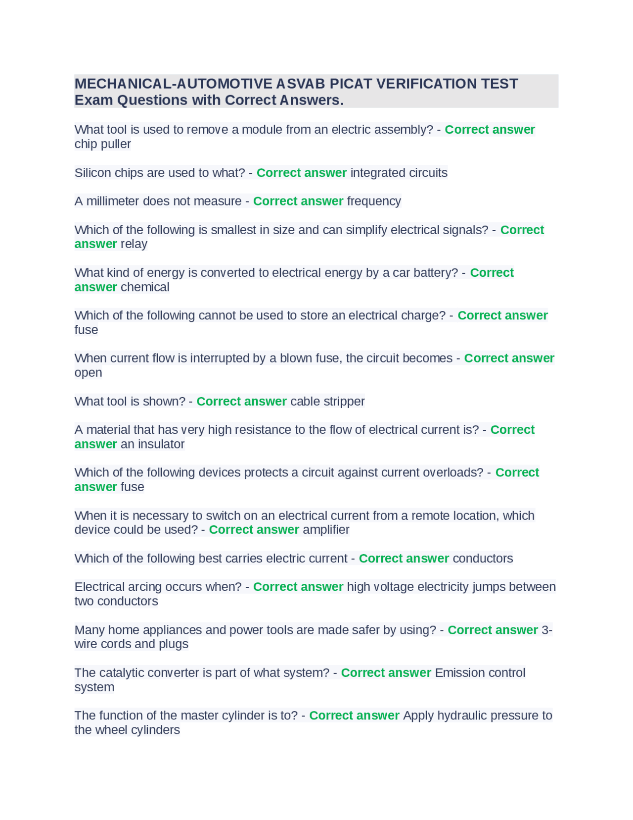 MECHANICAL-AUTOMOTIVE ASVAB PICAT VERIFICATION TEST Exam Questions with ...