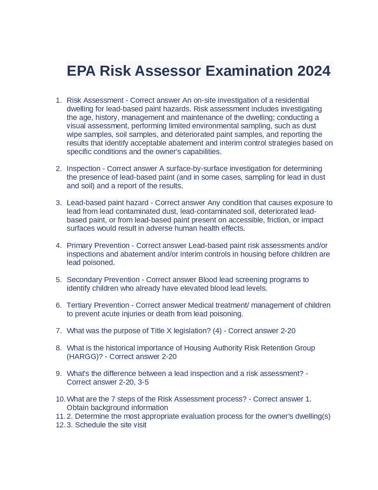 EPA Risk Assessor Examination 2024 | Exams Medicine | Docsity