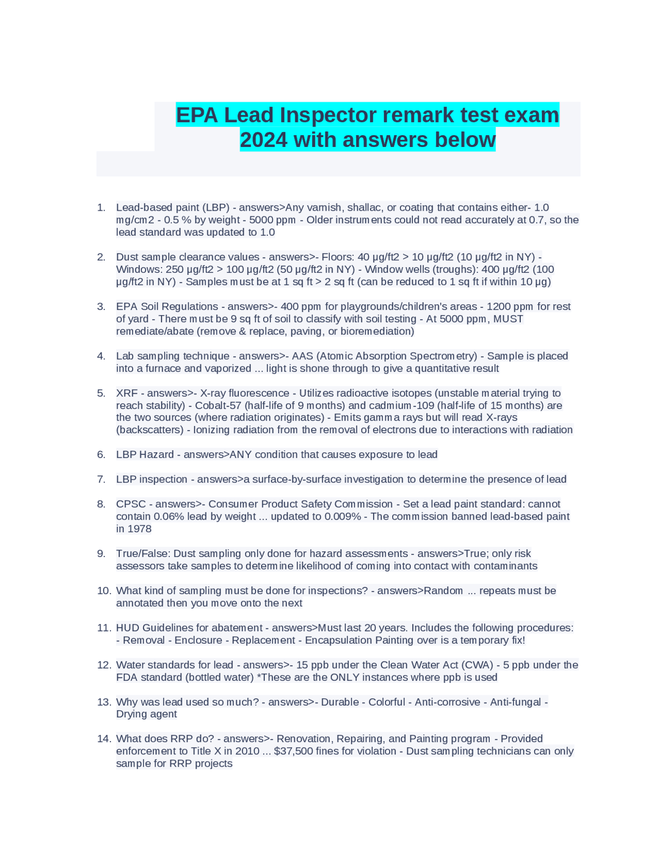 EPA Lead Inspector remark test exam 2024 with answers below | Exams ...