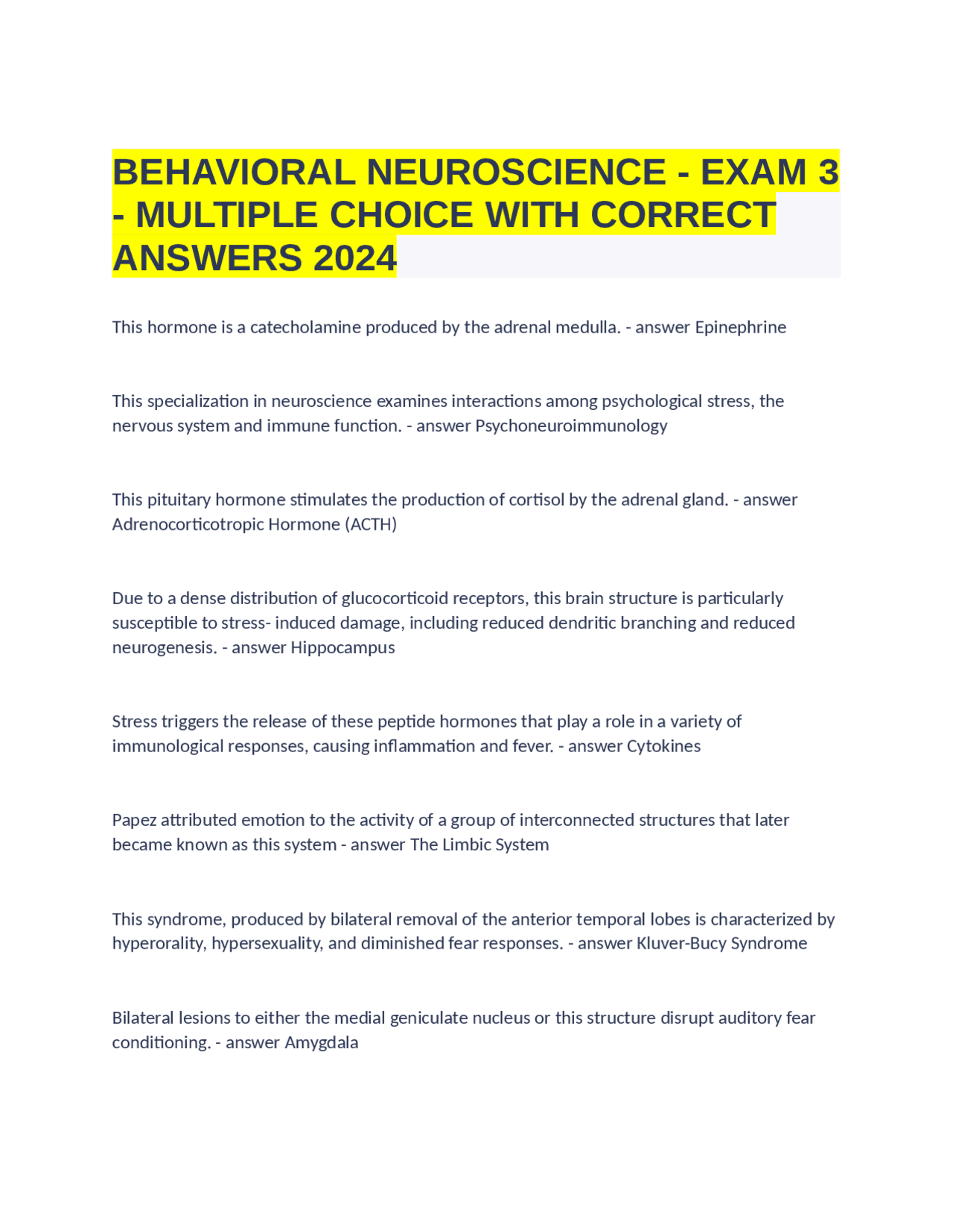 Behavioral Neuroscience Exam 3 - Multiple Choice with Correct Answers ...
