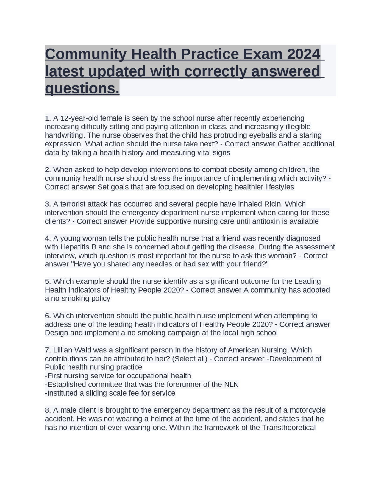 Community Health Practice Exam 2024 latest updated with correctly ...