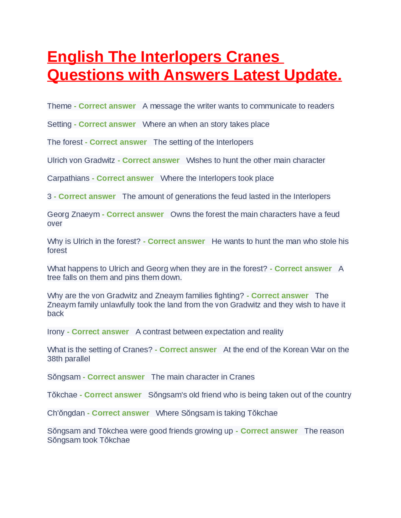 Interpretation of The Interlopers and Cranes | Exams Nursing | Docsity