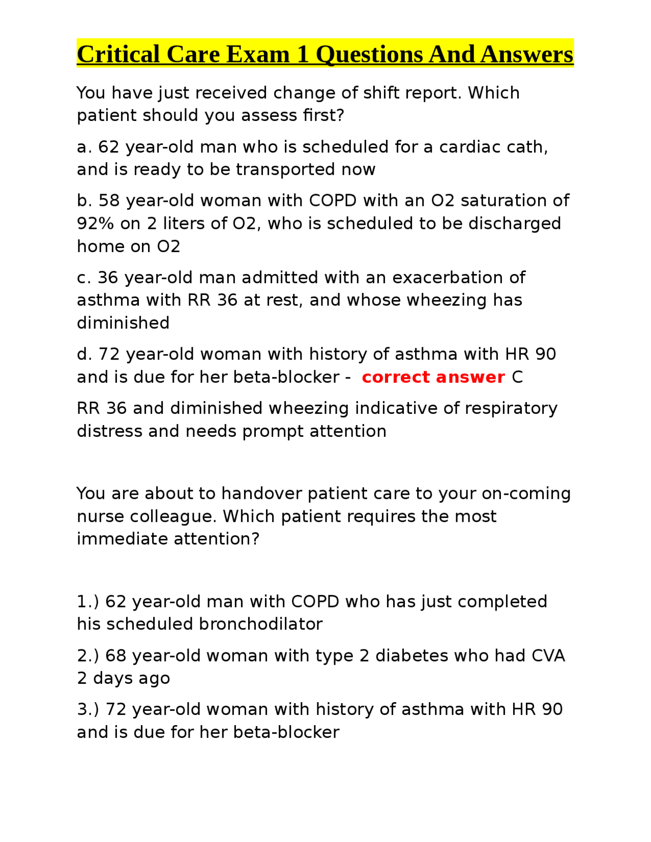 Critical Care Exam 1 Questions And Answers | Exams Career Counseling ...
