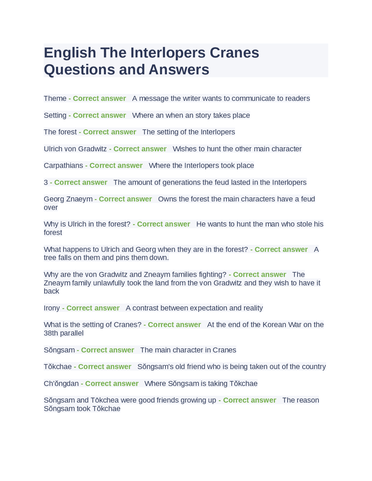 Analysis of Interlopers and Cranes | Exams Health sciences | Docsity