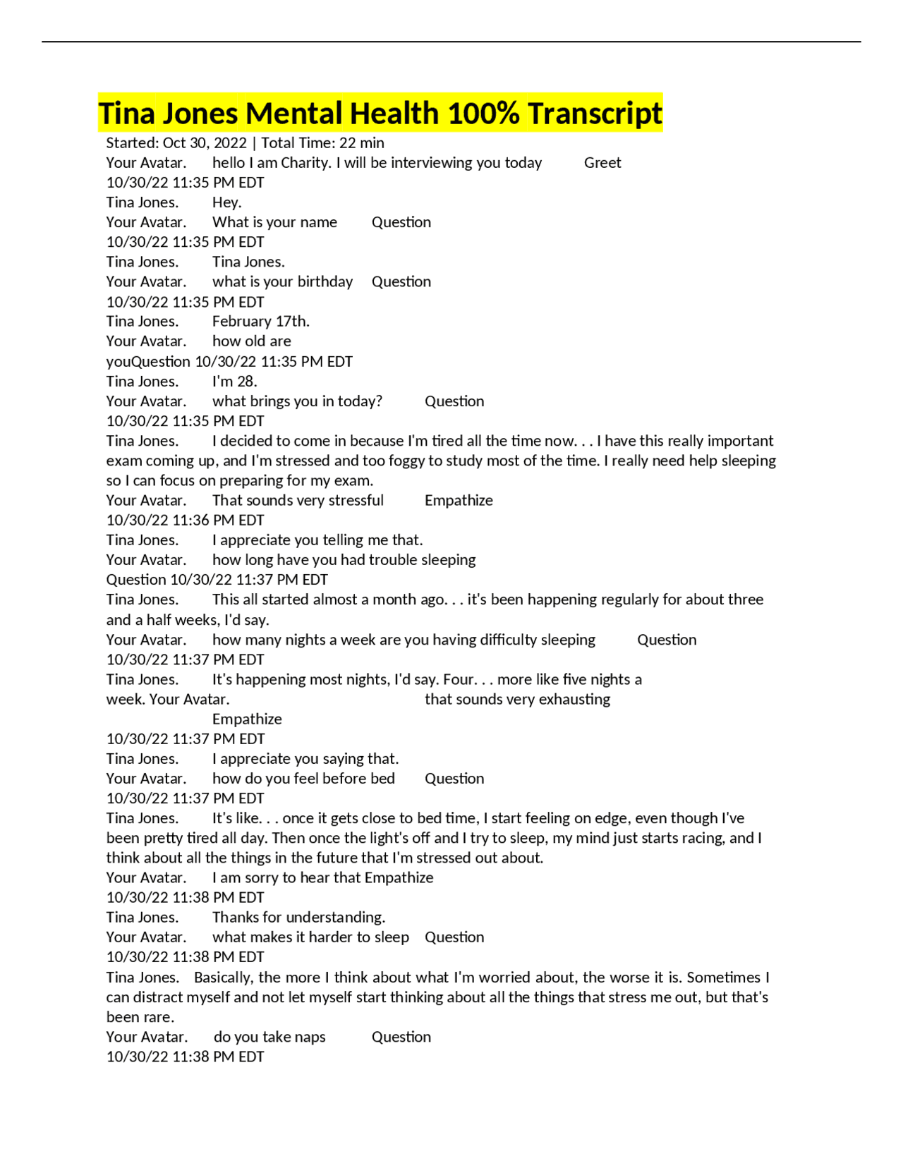 Tina Jones Mental Health 100% Transcript | Transcriptions Nursing | Docsity