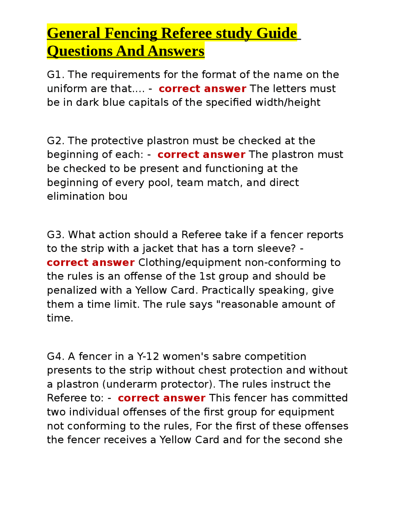 General Fencing Referee Study Guide | Exams Sports Law | Docsity