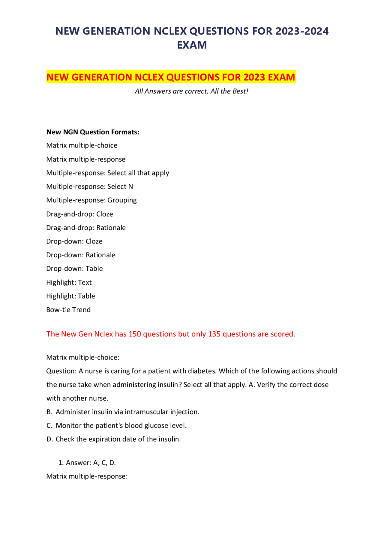 NEW GENERATION NCLEX QUESTIONS FOR 2023-2024 EXAM | Exams Nursing | Docsity