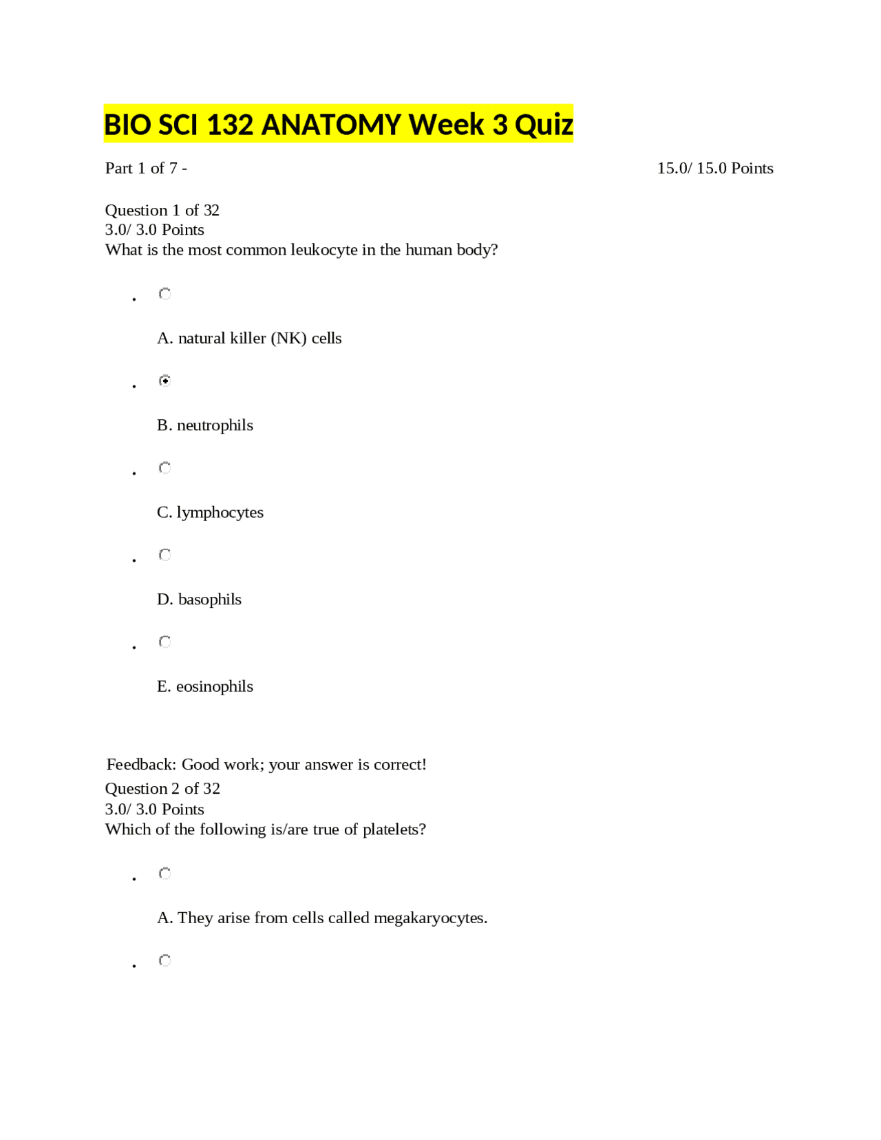 BIO SCI 132 ANATOMY Week 3 Quiz Part 1 of 7 | Exams Biology | Docsity