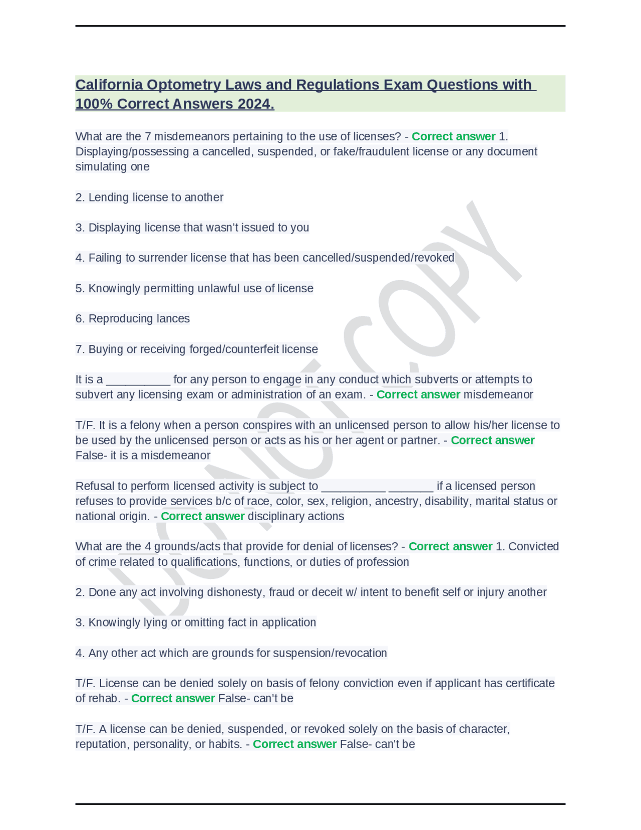 California Optometry Laws and Regulations Exam Questions with 100% ...