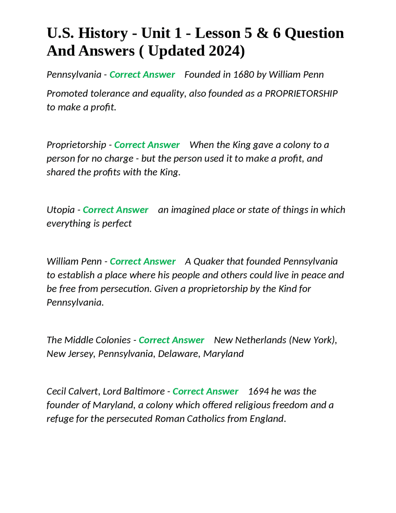 U.S. History - Unit 1 - Lesson 5 & 6 Question And Answers ( Updated ...