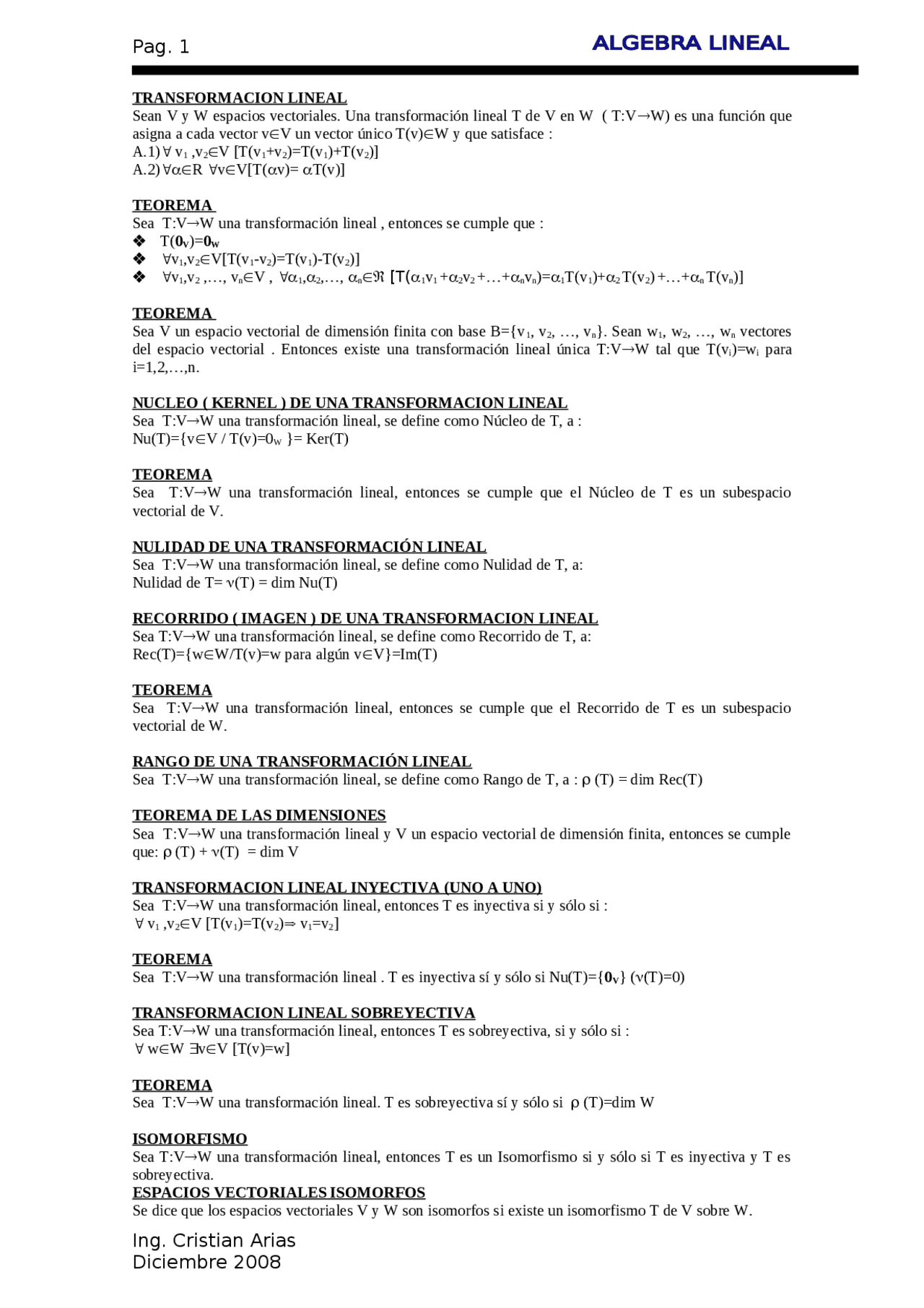 Teoremas básicos sobre transformaciones lineales | Resúmenes de Álgebra Lineal | Docsity