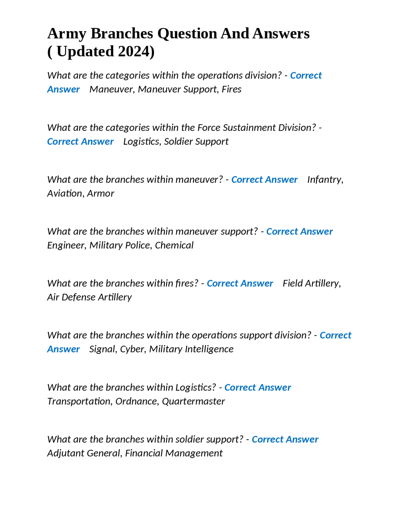 Army Branches Question And Answers | Exams Nursing | Docsity