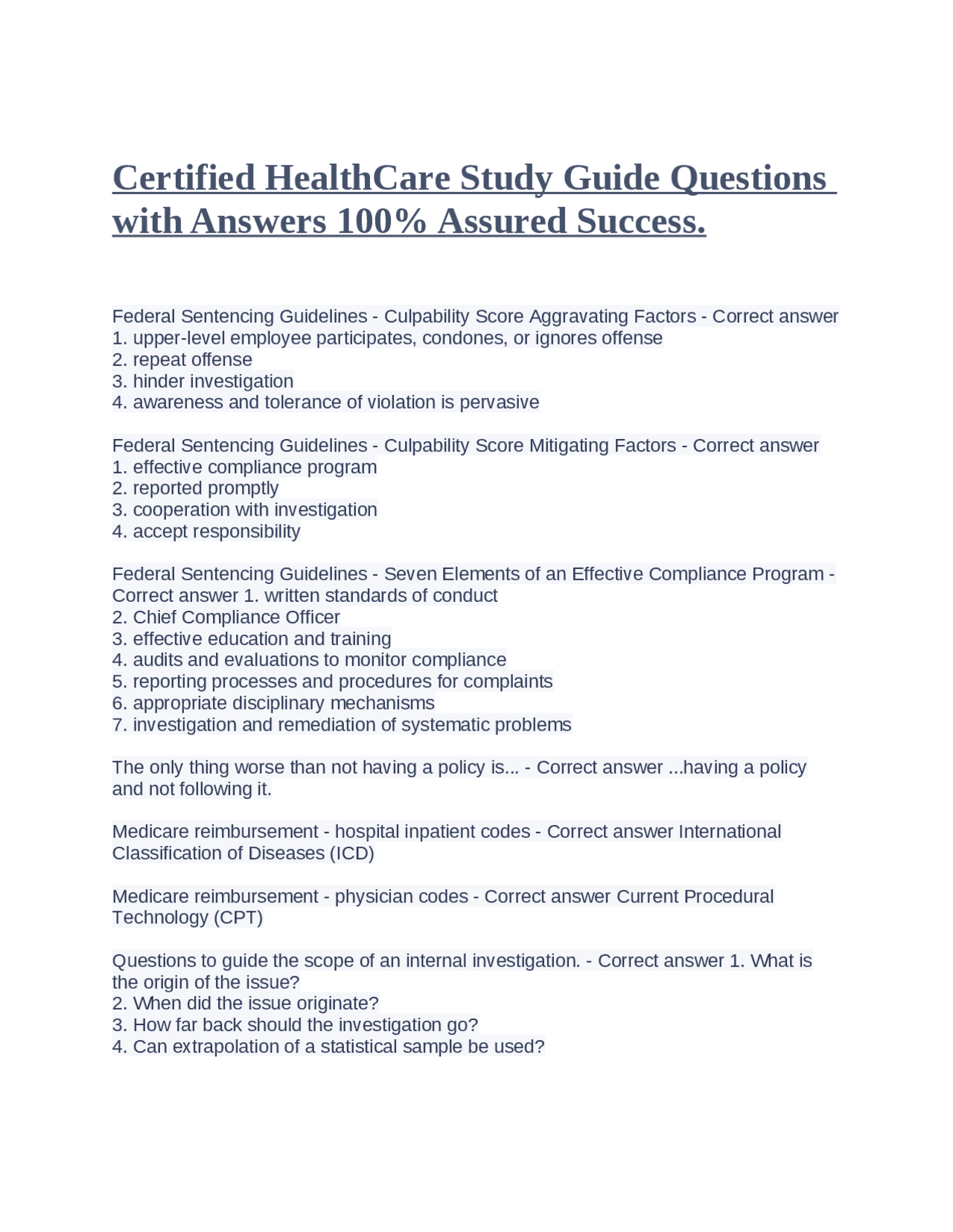 Certified HealthCare Study Guide Questions with Answers 100% Assured ...