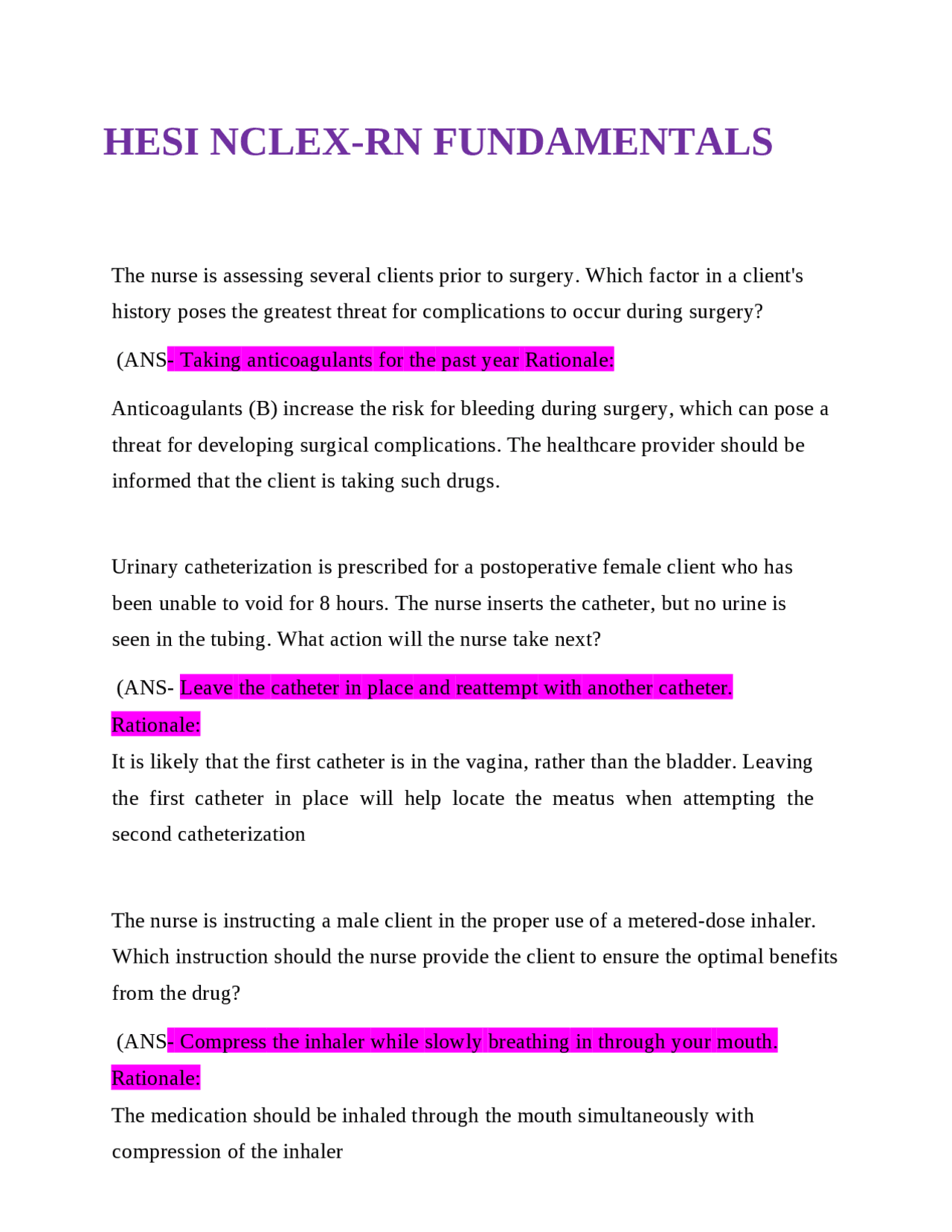 HESI NCLEX-RN Fundamentals | Exams Nursing | Docsity