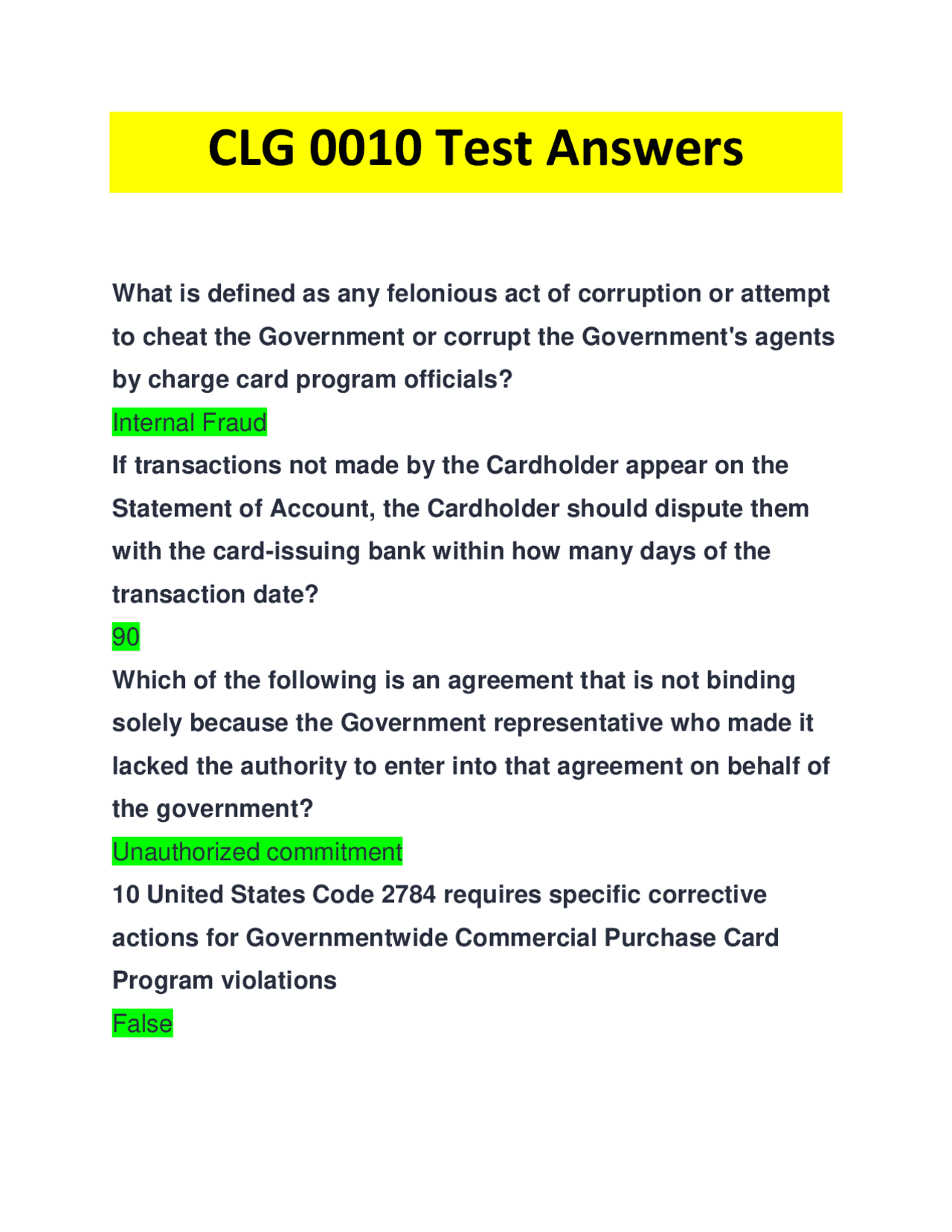 CLG 0010 Answers for Test - CLG 0010 Exam Answers | Exams Vocational ...