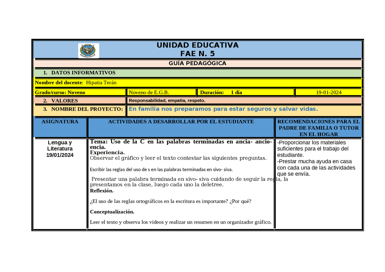 Guía Pedagógica: Uso de la C en palabras terminadas en -ancia, -ancio ...