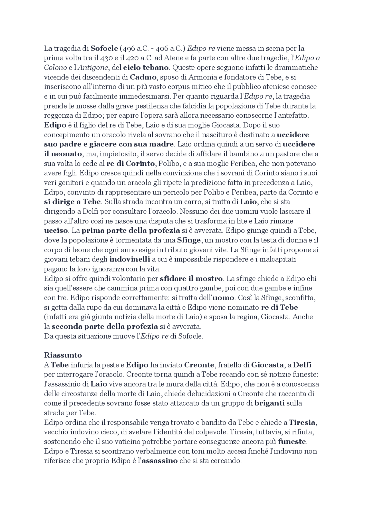 EDIPO RE DI SOFOCLE riassunto | Appunti di Filosofia | Docsity