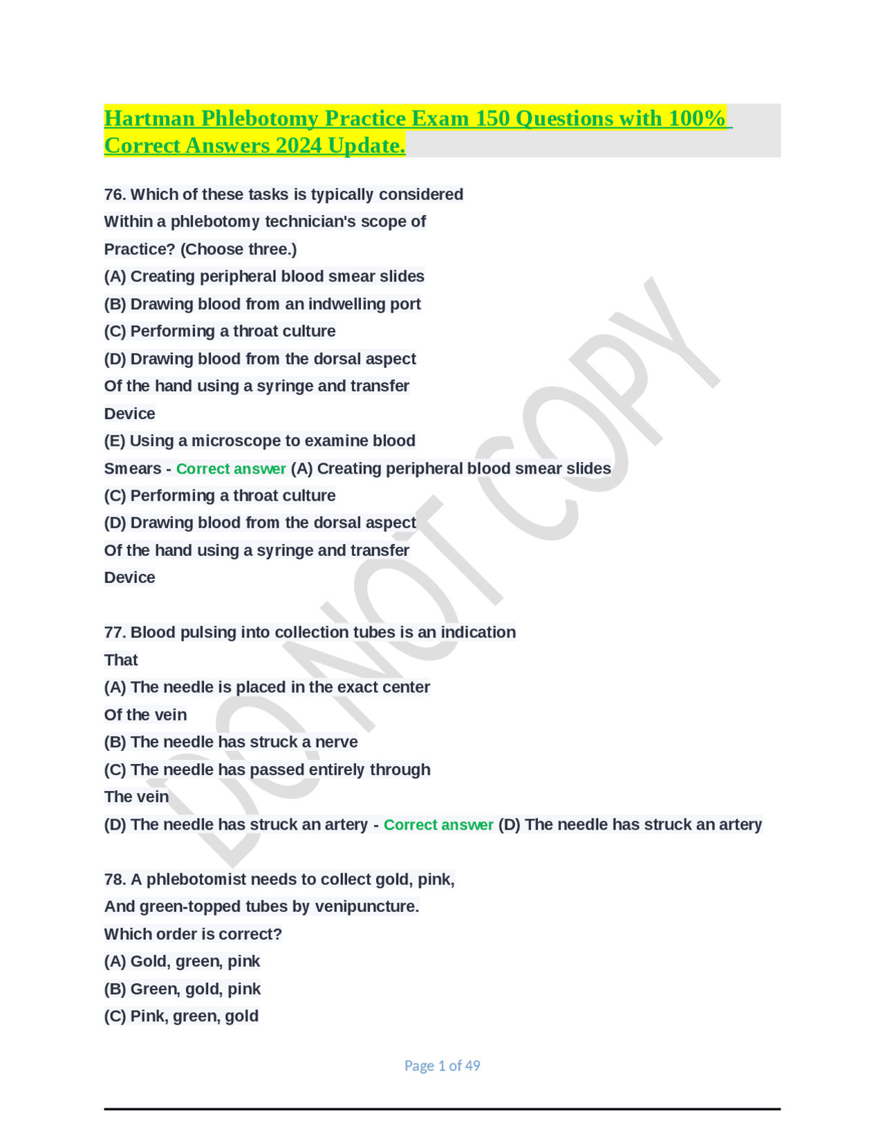 Hartman Phlebotomy Practice Exam 150 Questions with 100% Correct Answers 2024 Update. | Exams ...