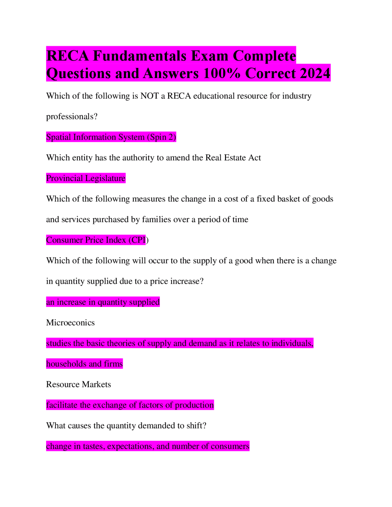 RECA Fundamentals Exam Questions and Answers | Exams Real Estate ...
