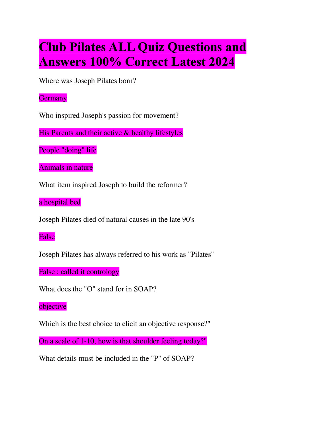 Club Pilates ALL Quiz Questions and Answers 100% Correct Latest 2024 ...