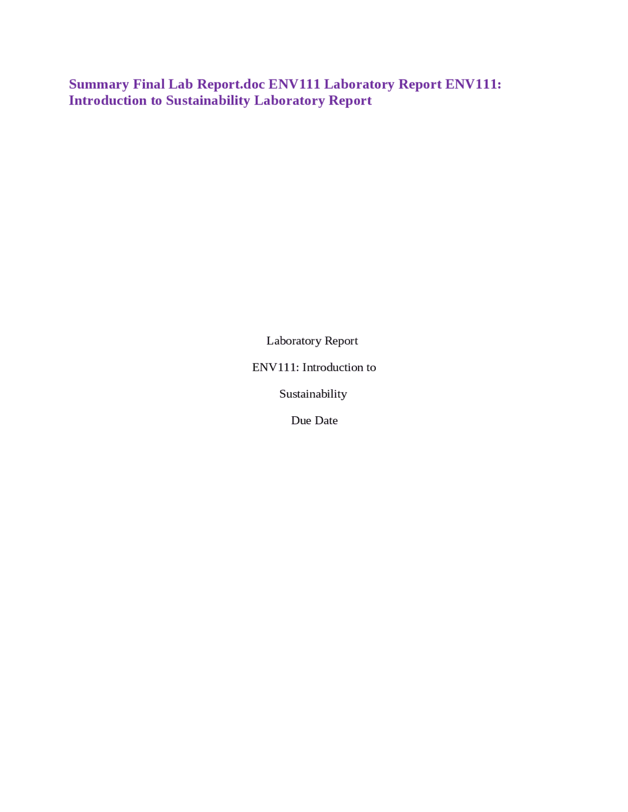 Summary Final Lab Report.doc ENV111 Laboratory Report ENV111: Introduction to Sustainabili | Lab ...