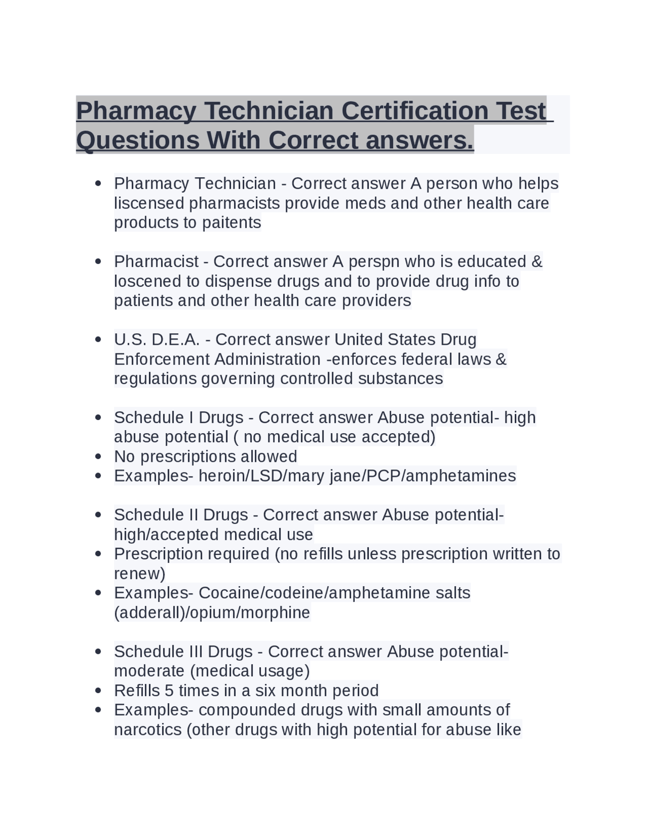 Pharmacy Technician Certification Test Questions With Correct answers ...