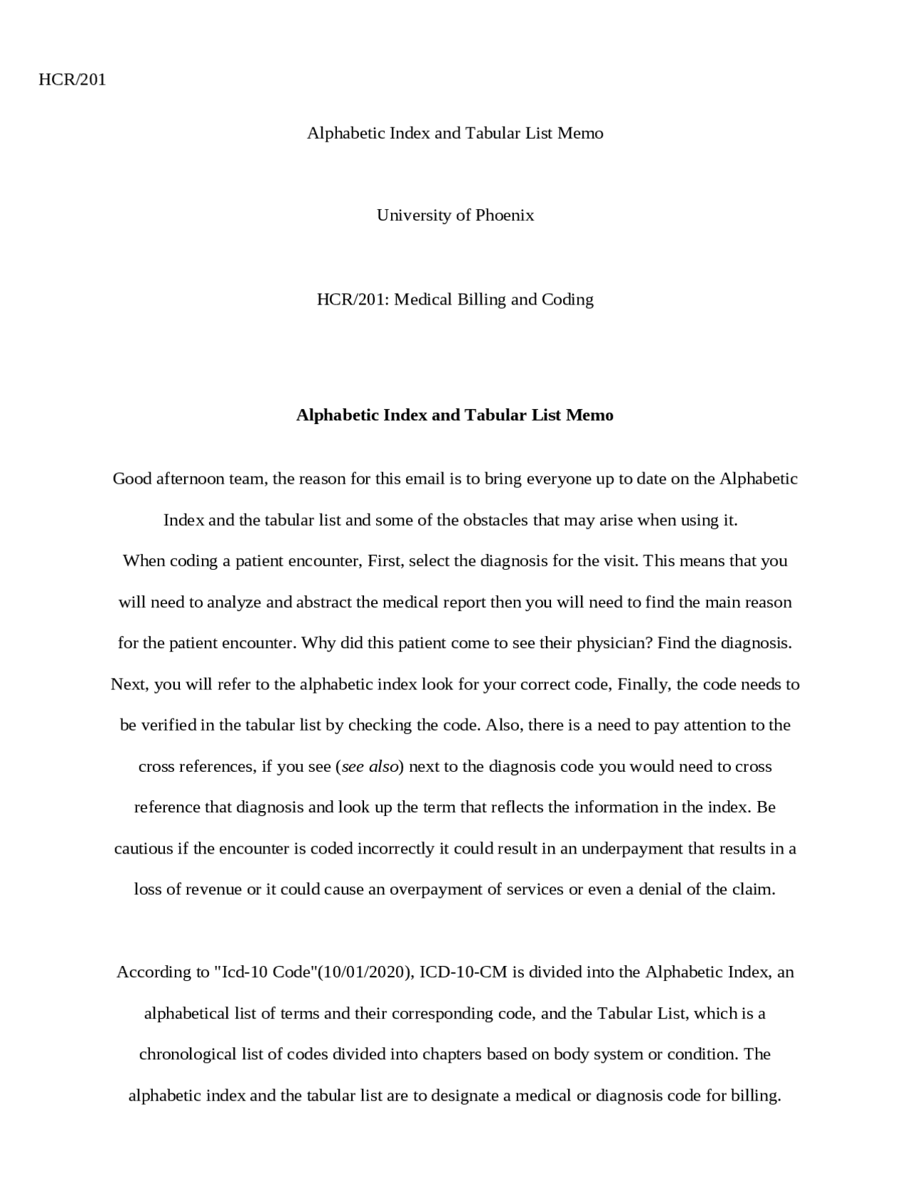 Medical Billing and Coding Alphabetic Index and Tabular List Memo ...