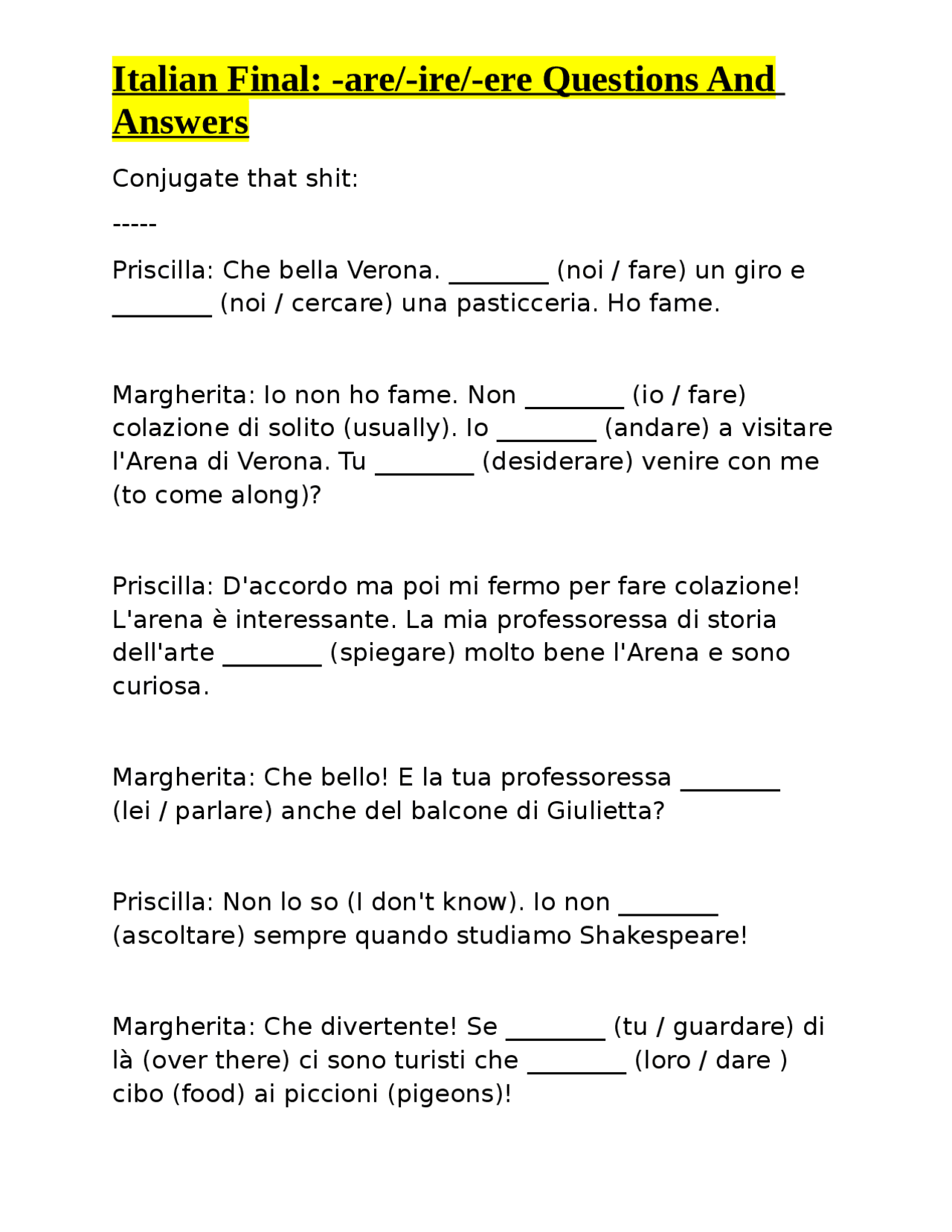 Italian Final: -are/-ire/-ere Questions And Answers | Exams Italian ...