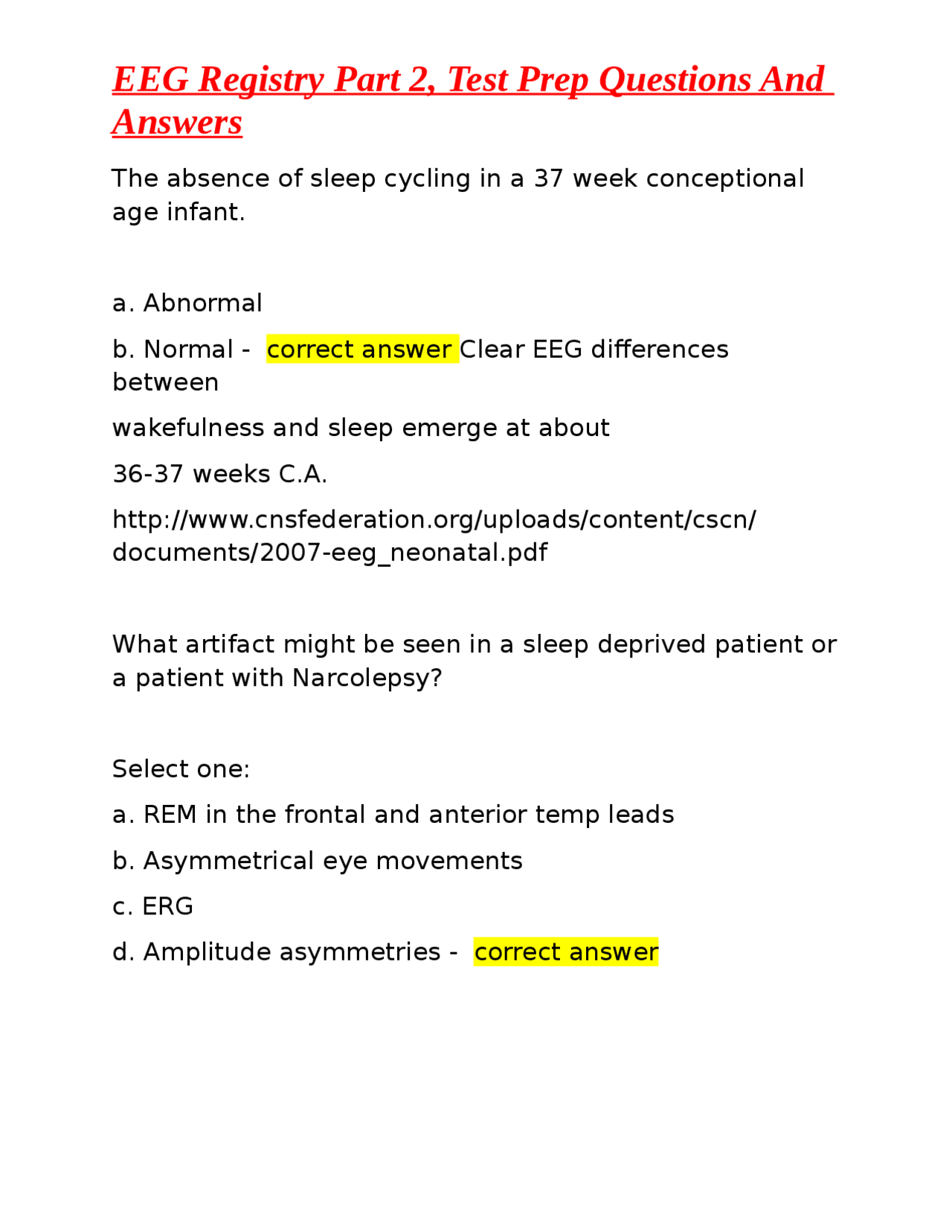 EEG Registry Part 2 Test Prep Questions and Answers | Exams Nursing ...
