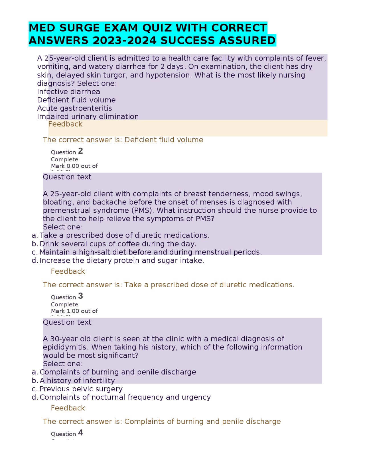 Med Surge Exam Quiz With Correct Answers 2023 2024 Success Assured Exams Nursing Docsity