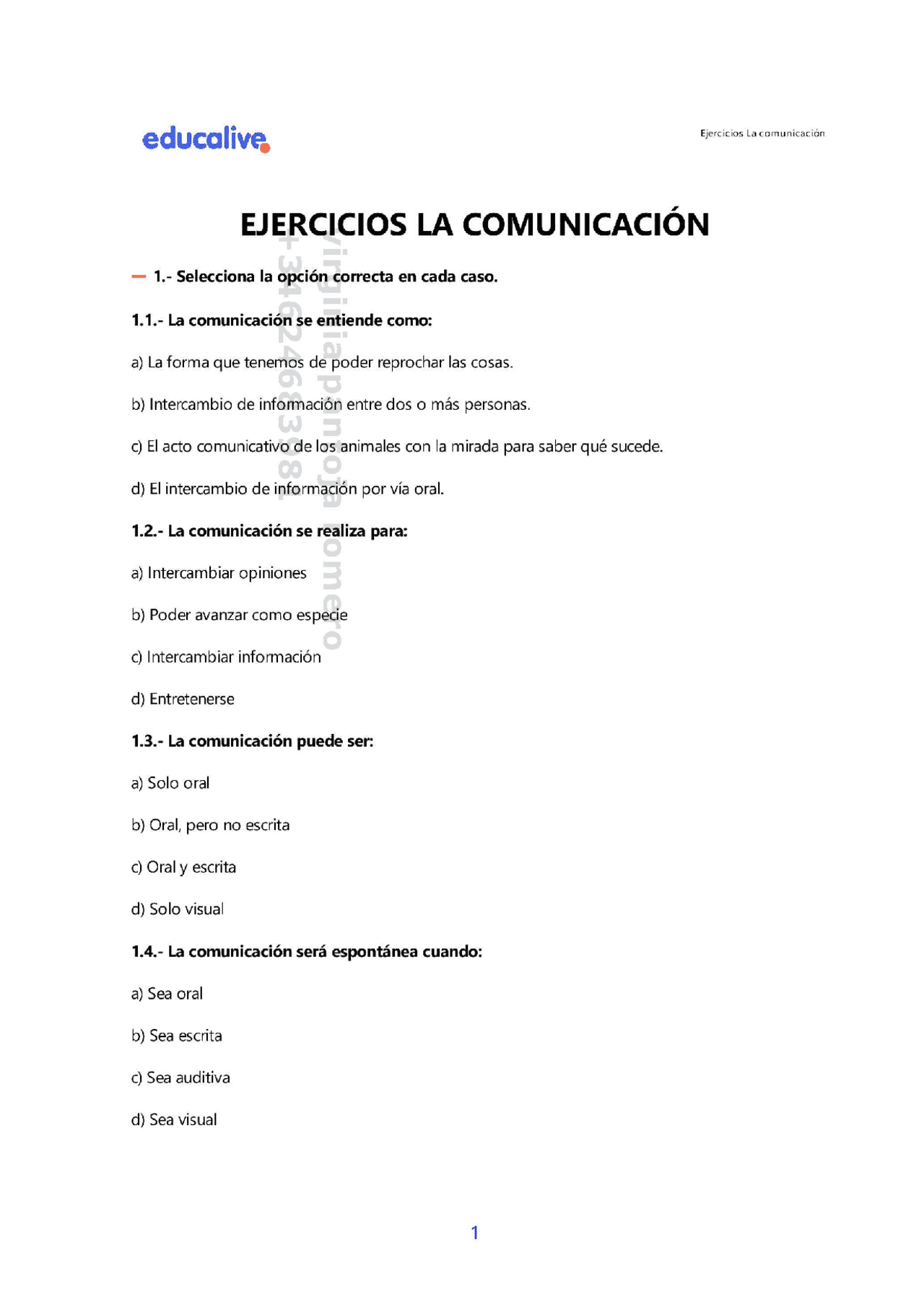 Ejercicios La comunicacion | Ejercicios de Lengua y Literatura | Docsity