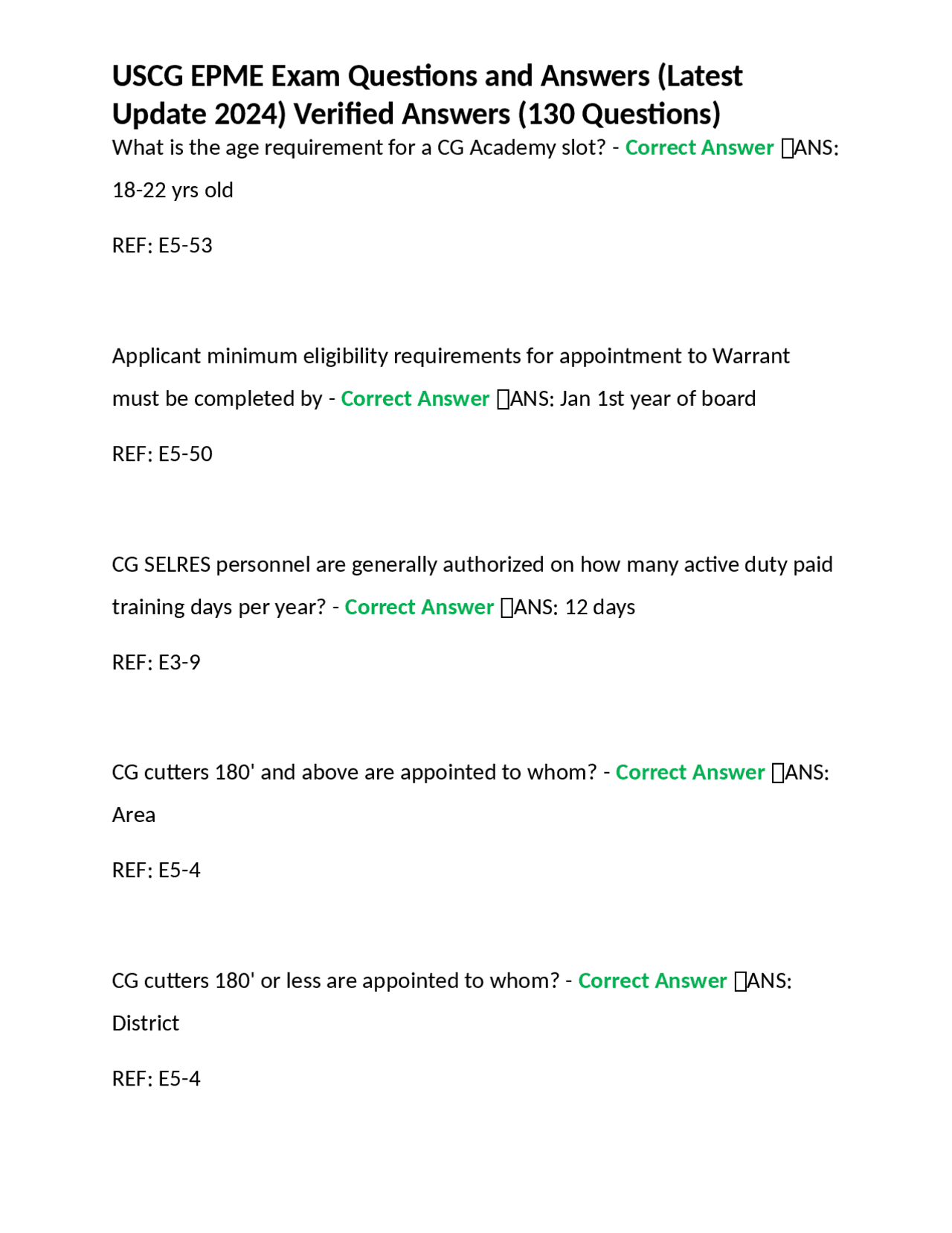 USCG EPME Exam Questions and Answers | Exams Nursing | Docsity