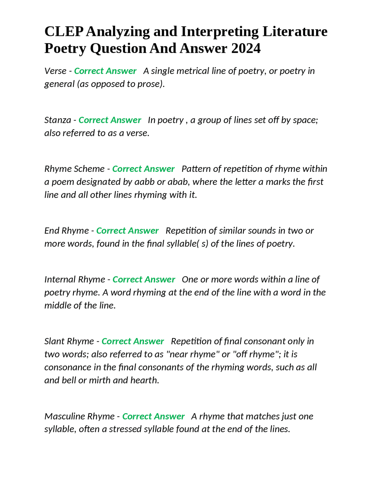 CLEP Analyzing and Interpreting Literature Poetry Question And Answer ...
