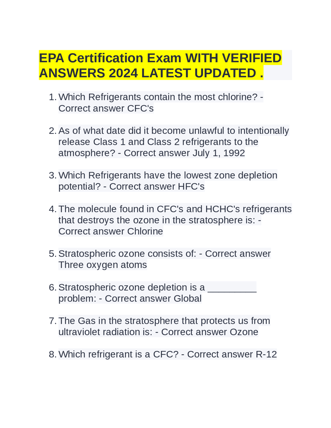 EPA Certification Exam WITH VERIFIED ANSWERS 2024 LATEST UPDATED ...