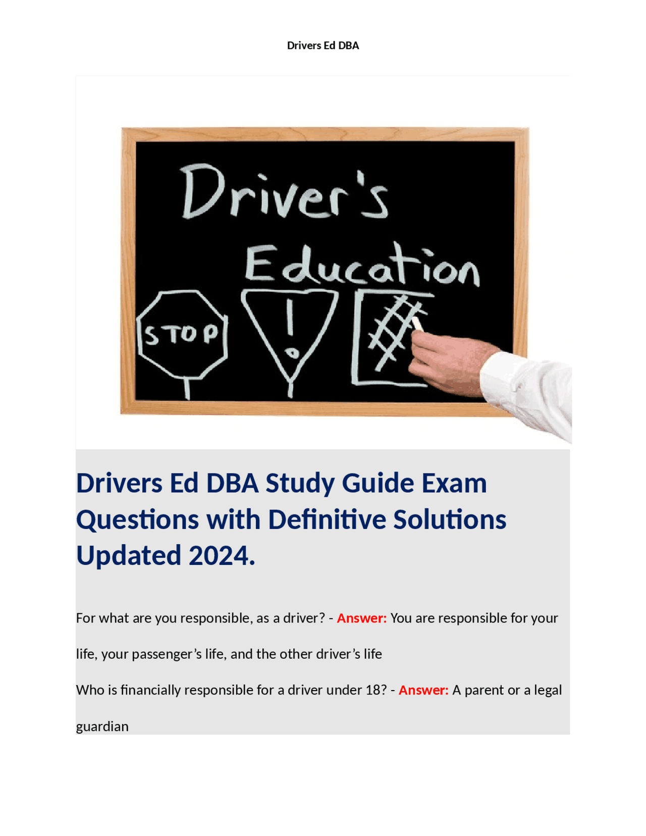 Drivers Ed DBA Study Guide Exam | Exams Nursing | Docsity