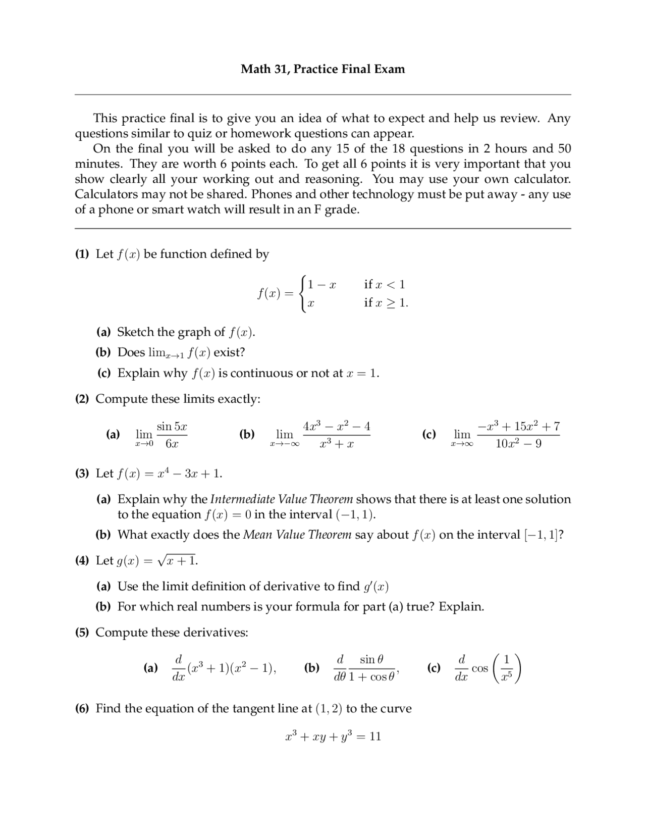 Math 31 Practice Final Exam Questions and Solutions | High school final ...