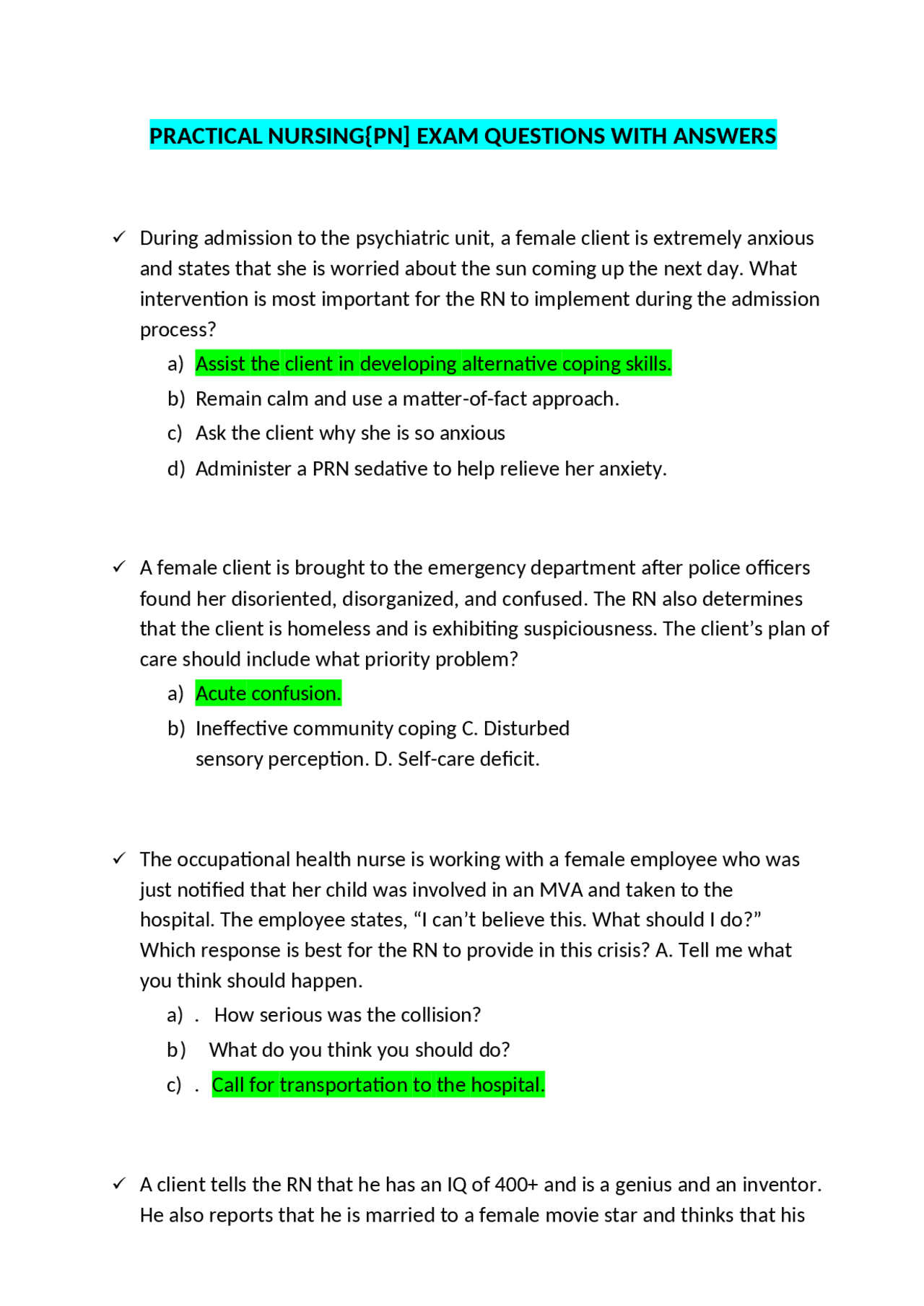 PRATICAL NURSING{PN] EXAM QUESTIONS WITH ANSWERS | Exams Nursing | Docsity