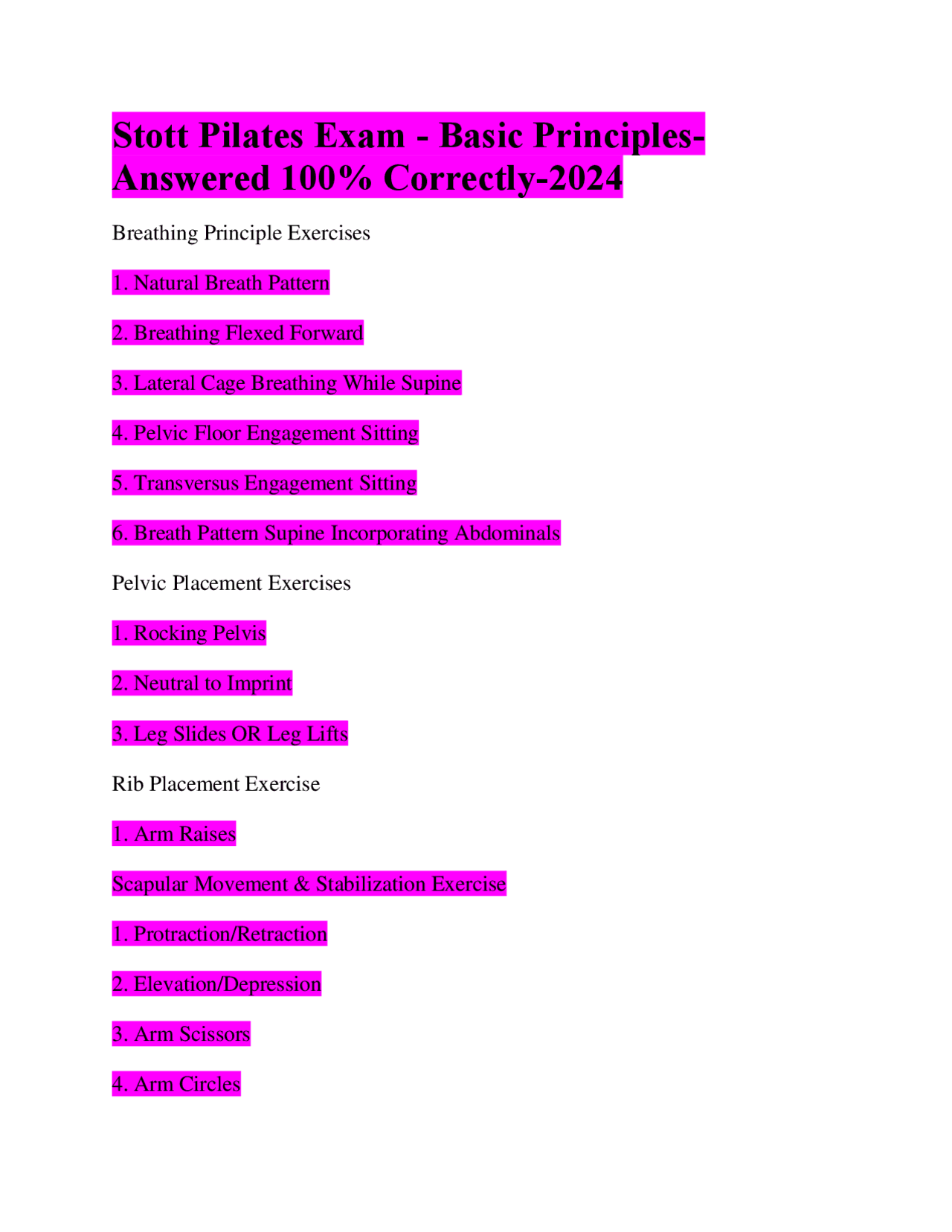 Stott Pilates Exam - Basic Principles-Answered 100% Correctly | Exams ...