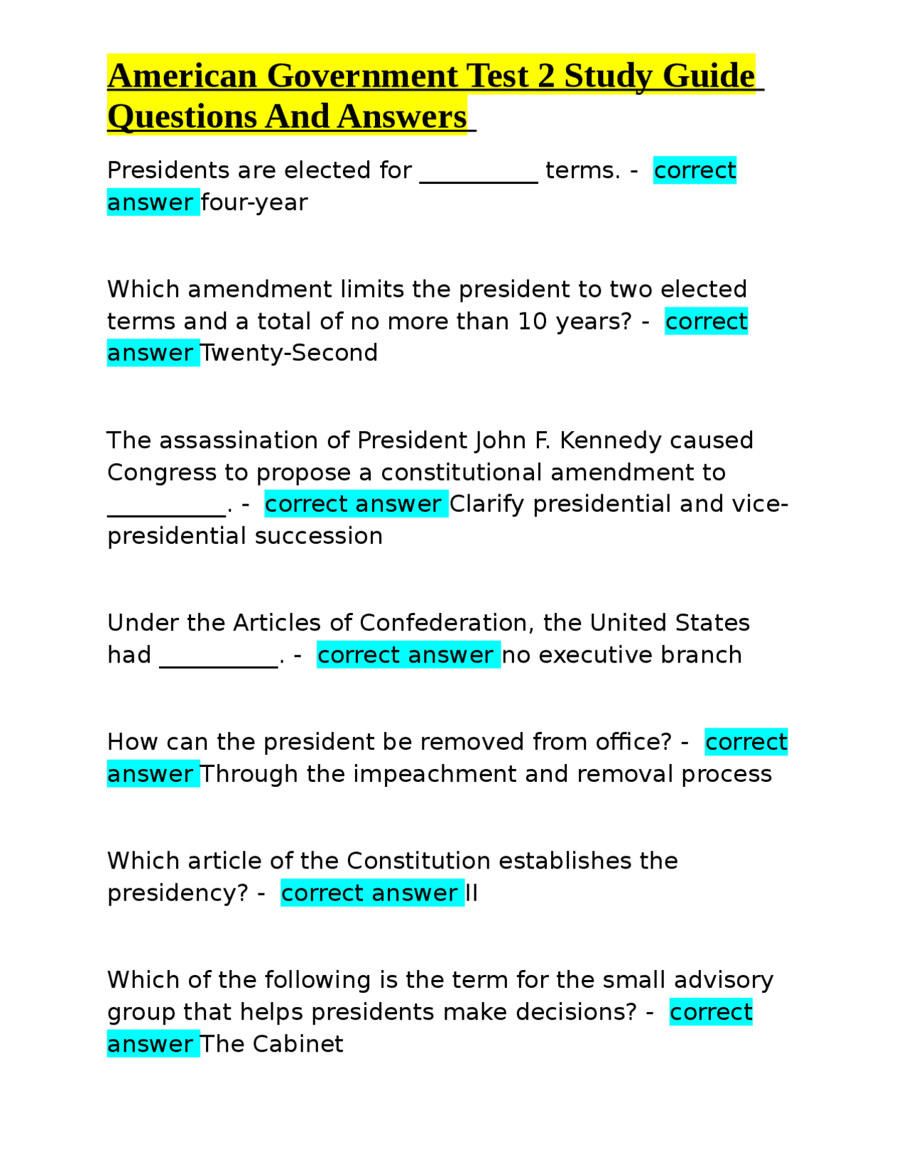 American Government Test 2 Study Guide Questions And Answers | Exams ...