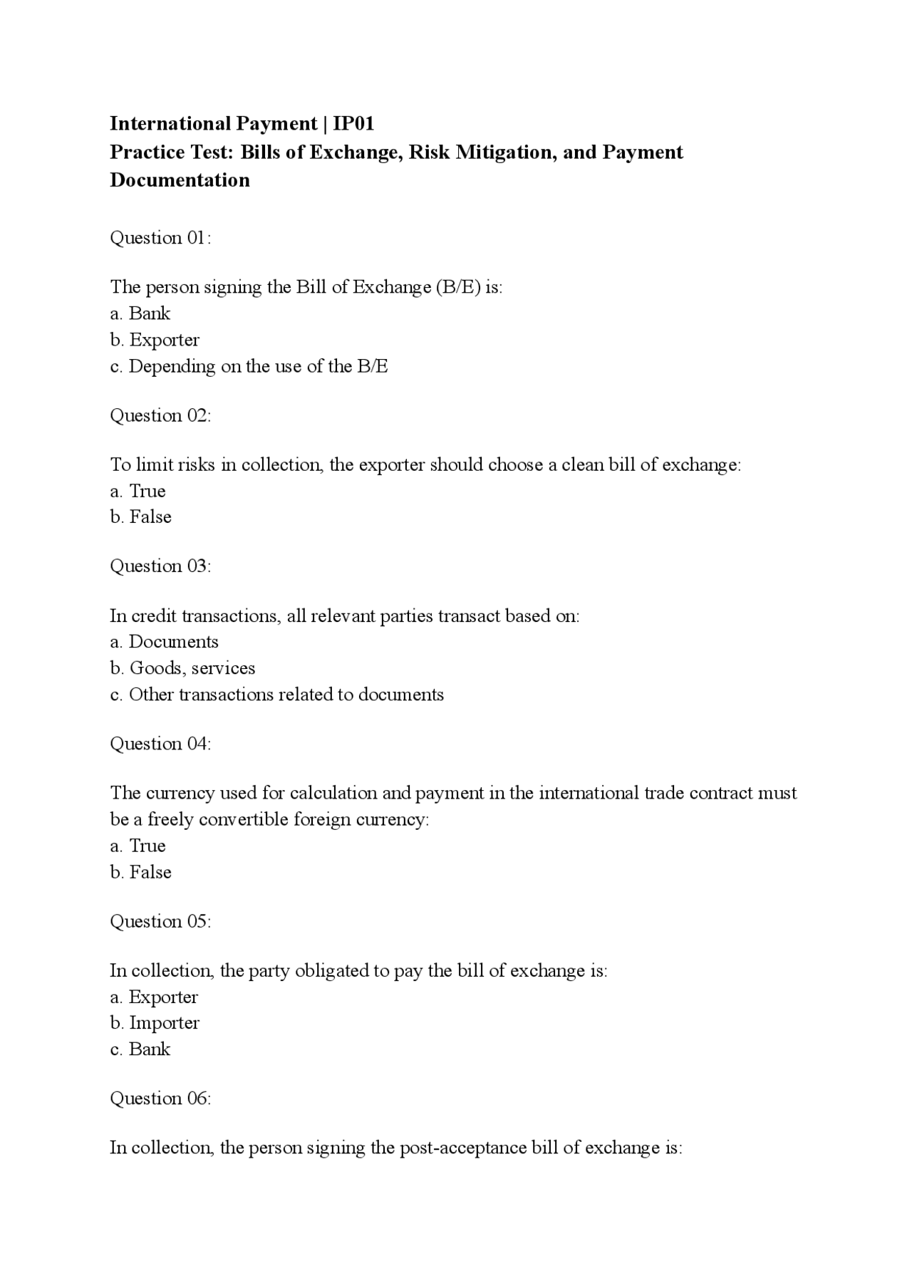 International Payment Test with Answers: Bills of Exchange and Payment ...