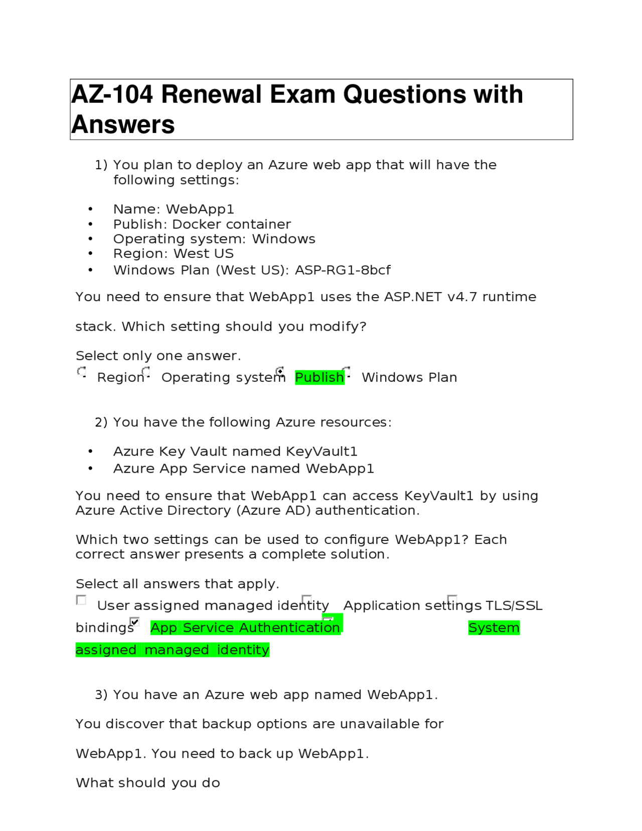 AZ-104 Renewal Exam Questions with Answers | Exams Web Programming and Technologies | Docsity